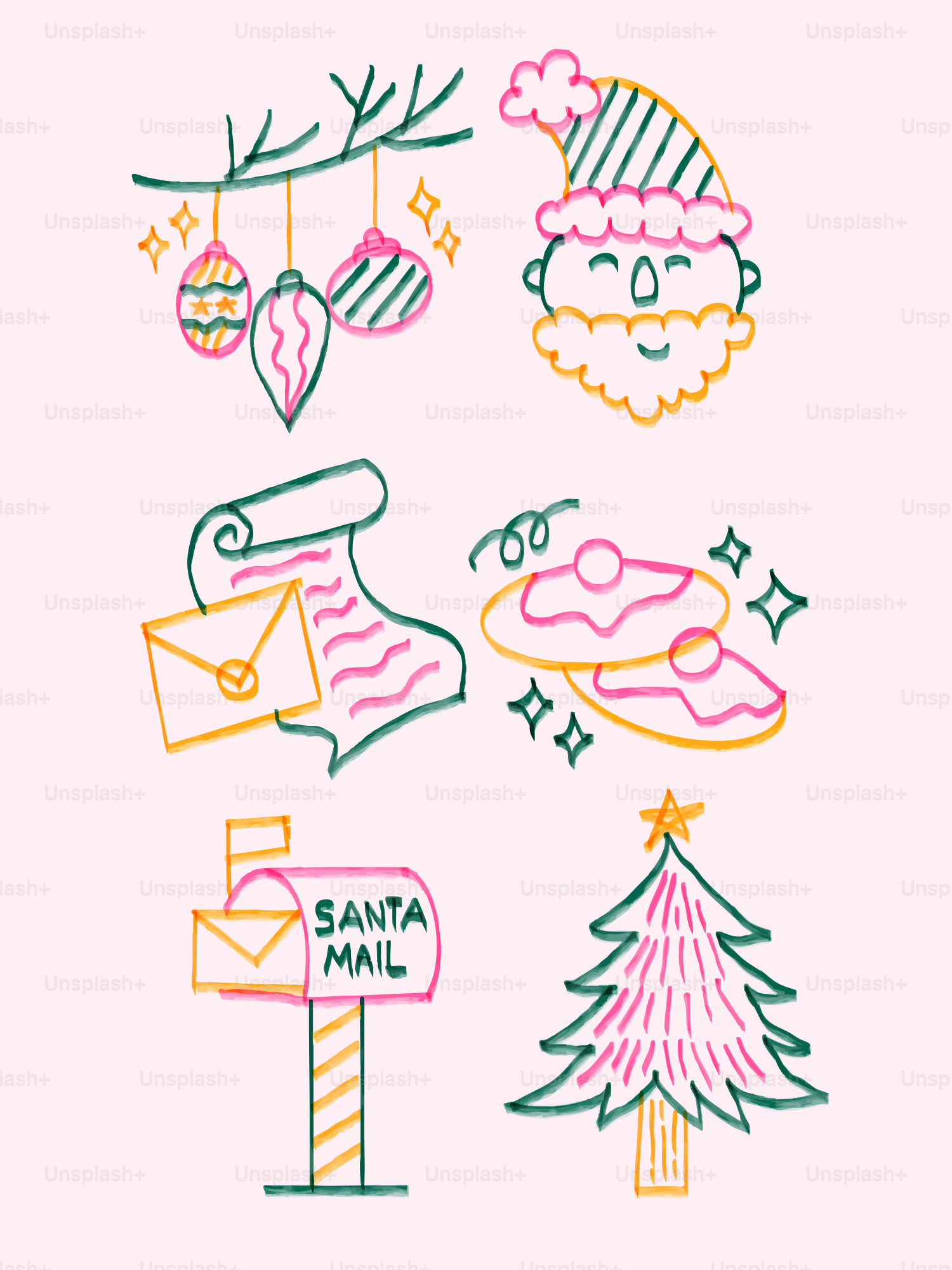 Christmas doodles: ornaments, santa, cookies, mail, tree vector ...