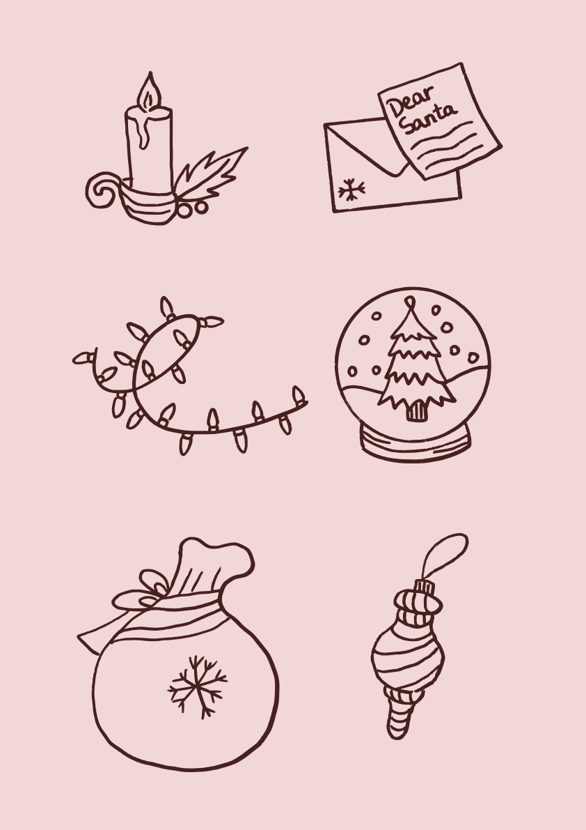 Christmas doodles: candle, letter, lights, snow globe, gift bag ...