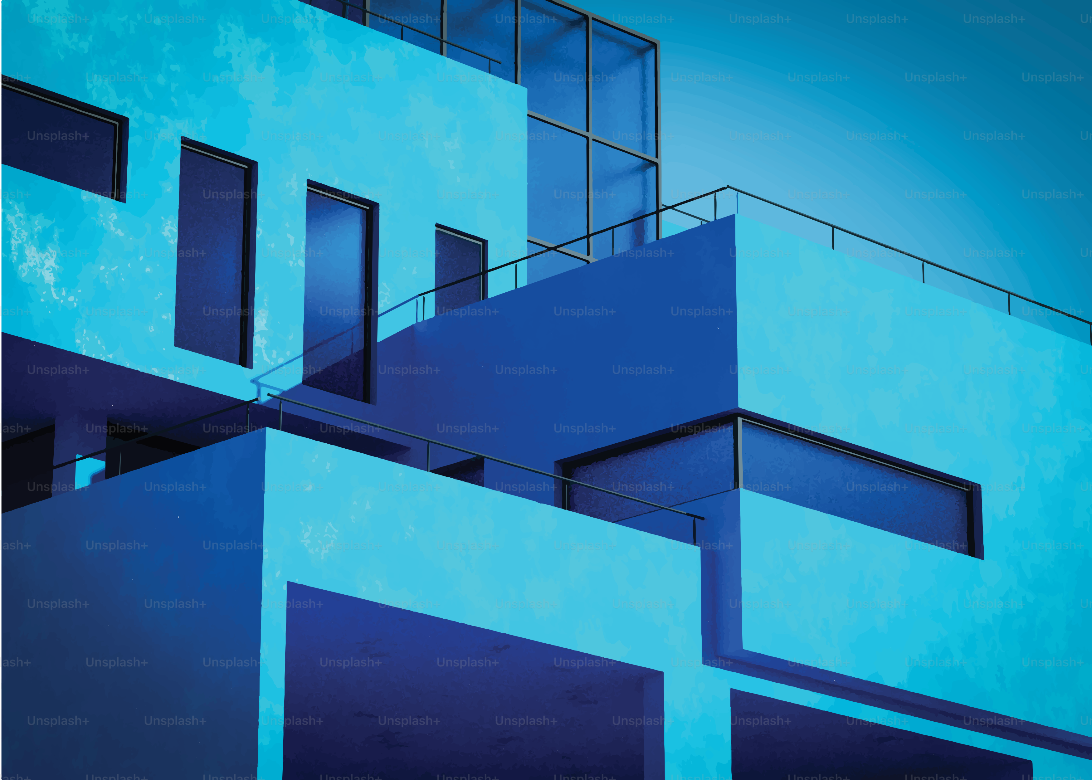 Vektor Bangunan biru modern dengan garis geometris yang tajam – Gambar ...