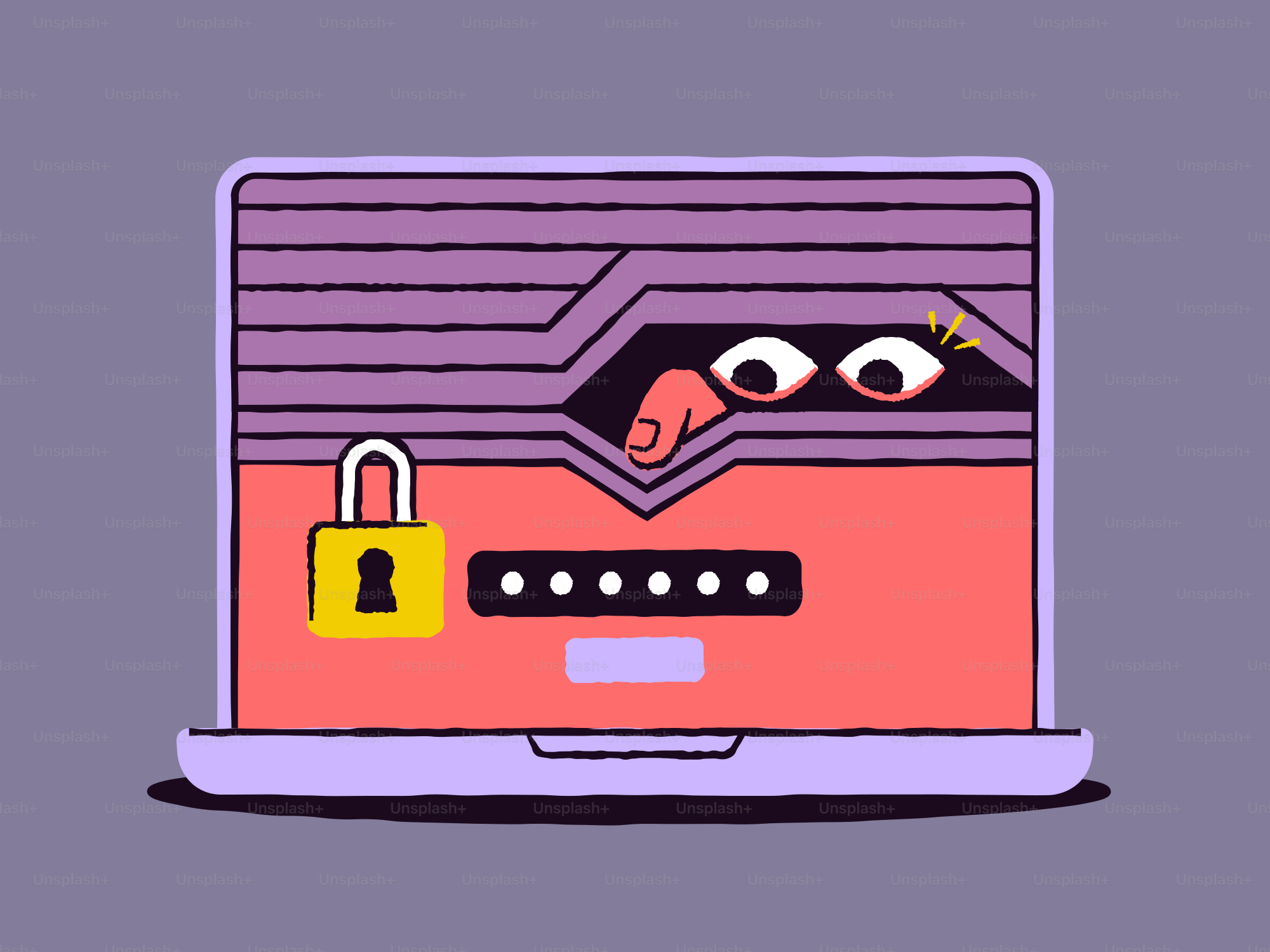 Hacker peeking through blinds at laptop password screen vector ...