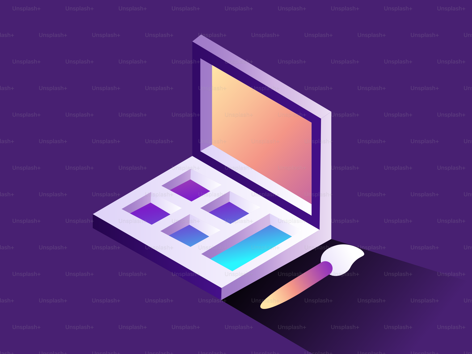 Isometric makeup palette with brush on purple background vector ...
