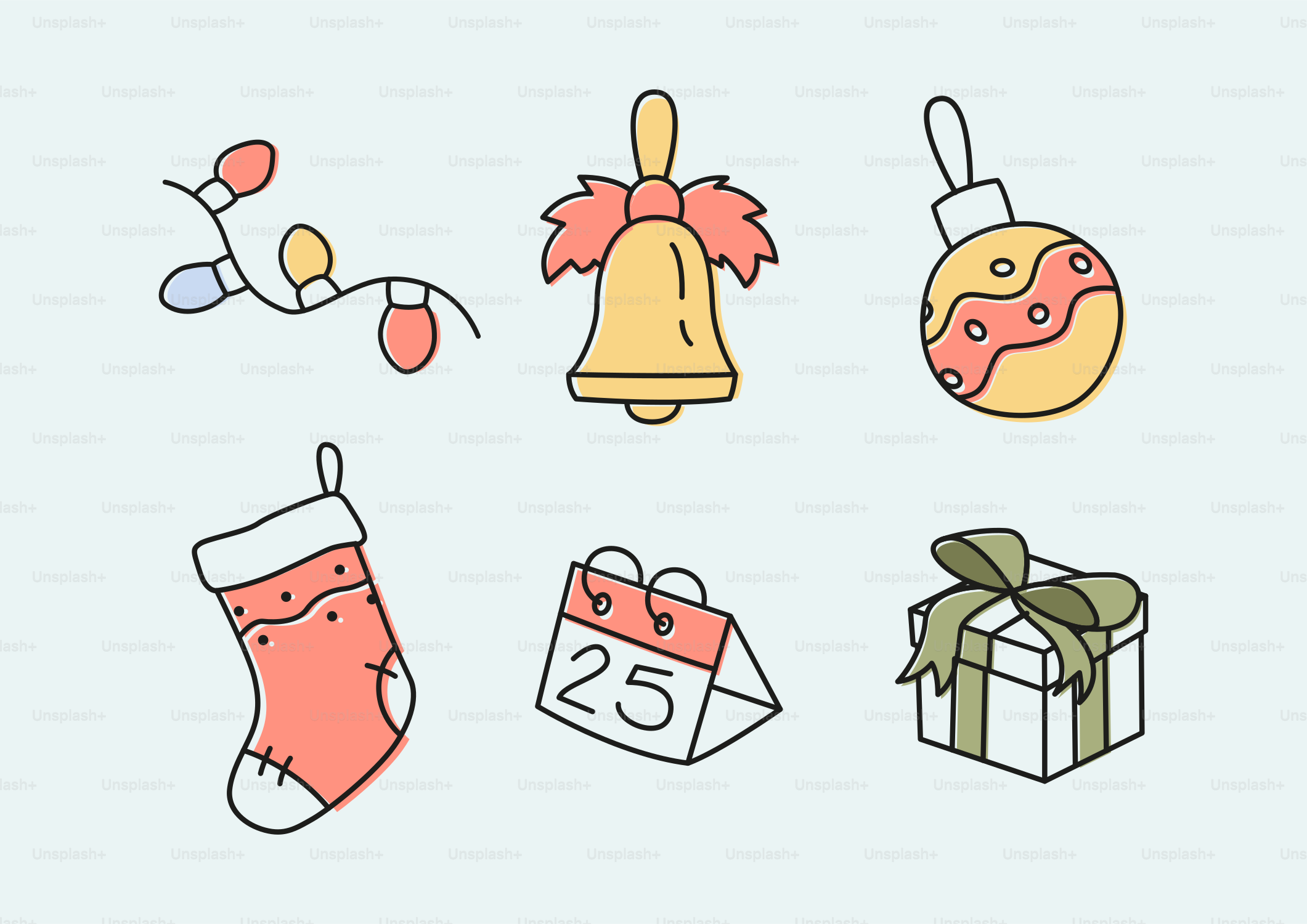 Vektor Ikon Natal: permen tebu, karangan bunga, manusia salju, pohon ...