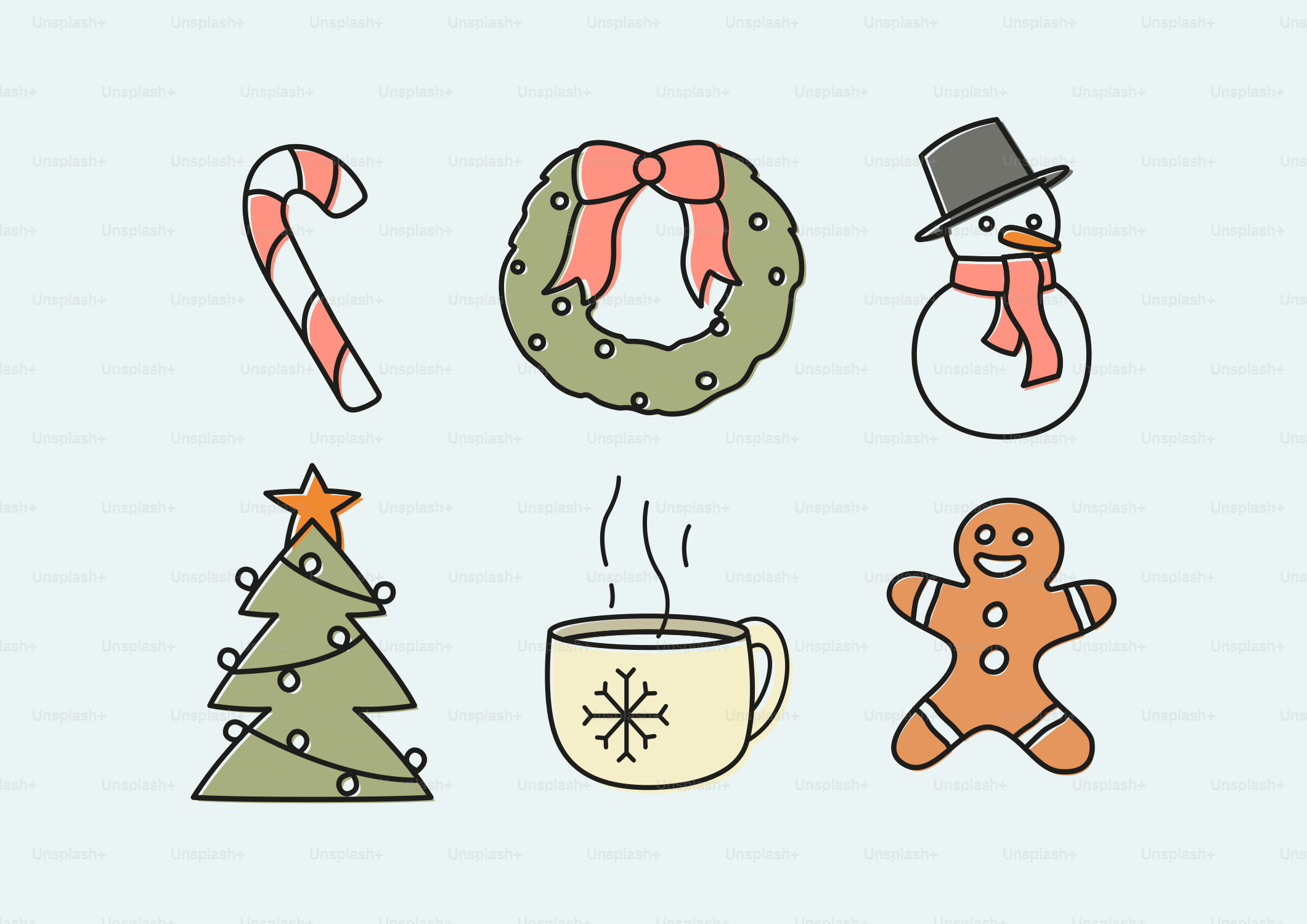 Vektor Ikon Natal: permen tebu, karangan bunga, manusia salju, pohon ...