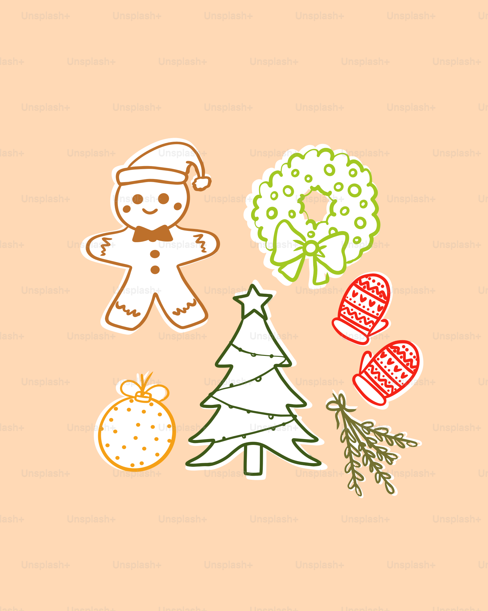 Hombre de jengibre navideño, árbol, corona y manoplas. vector – Imagen ...