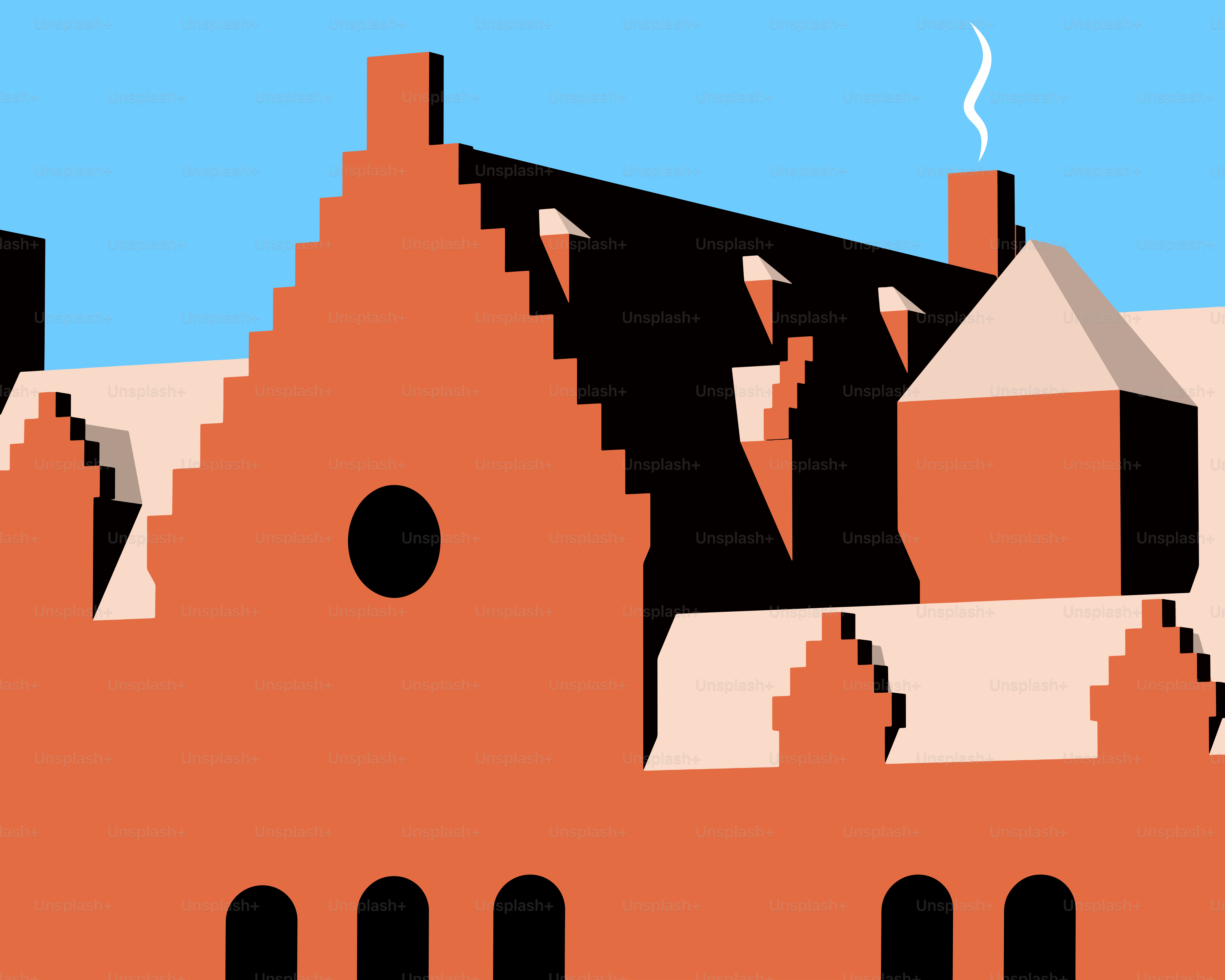 Vektor Bangunan bata merah dengan atap pelana berundak dan cerobong ...