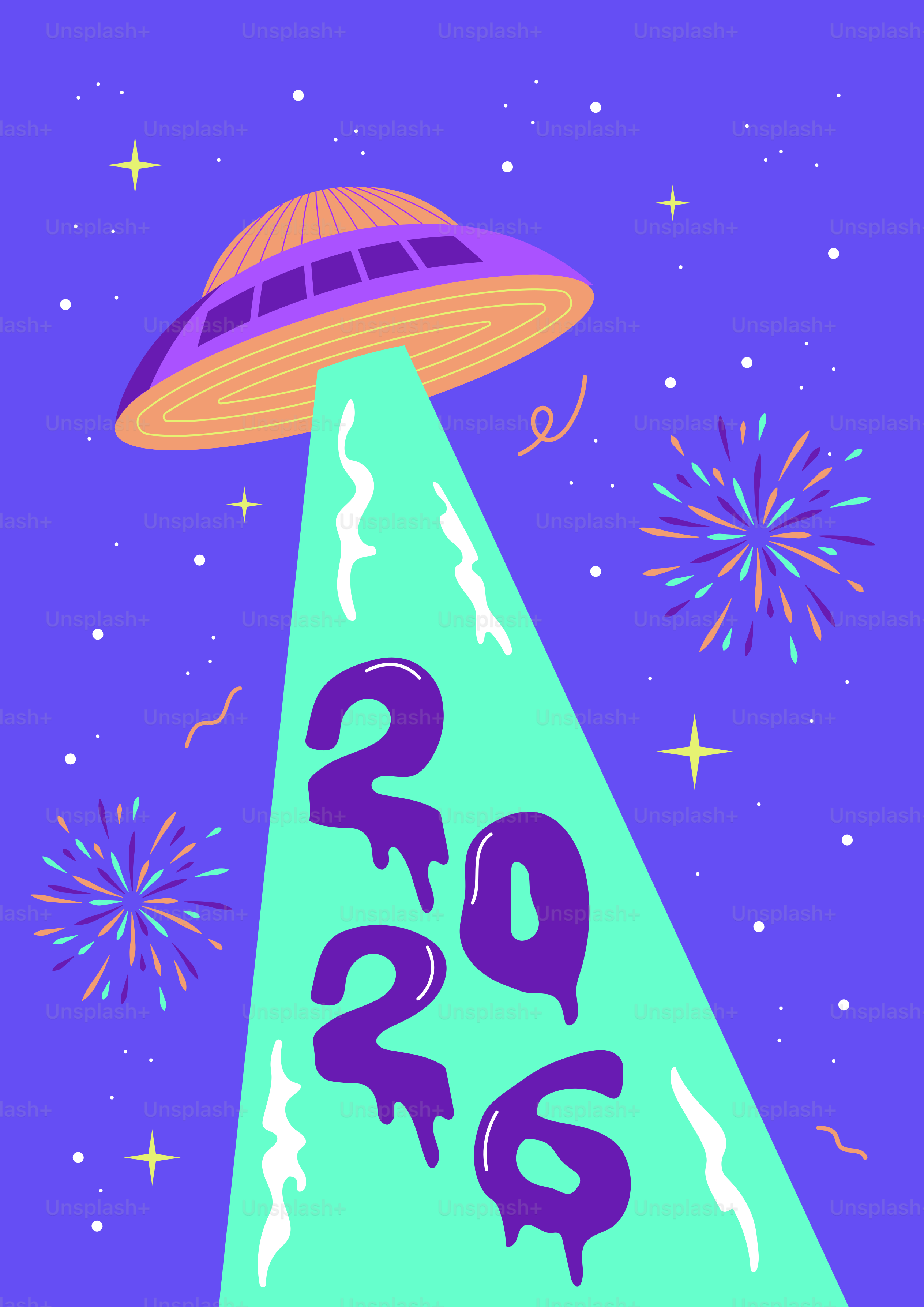 Vektor Ufo bersinar di tahun 2026 dengan kembang api – Gambar Antariksa ...