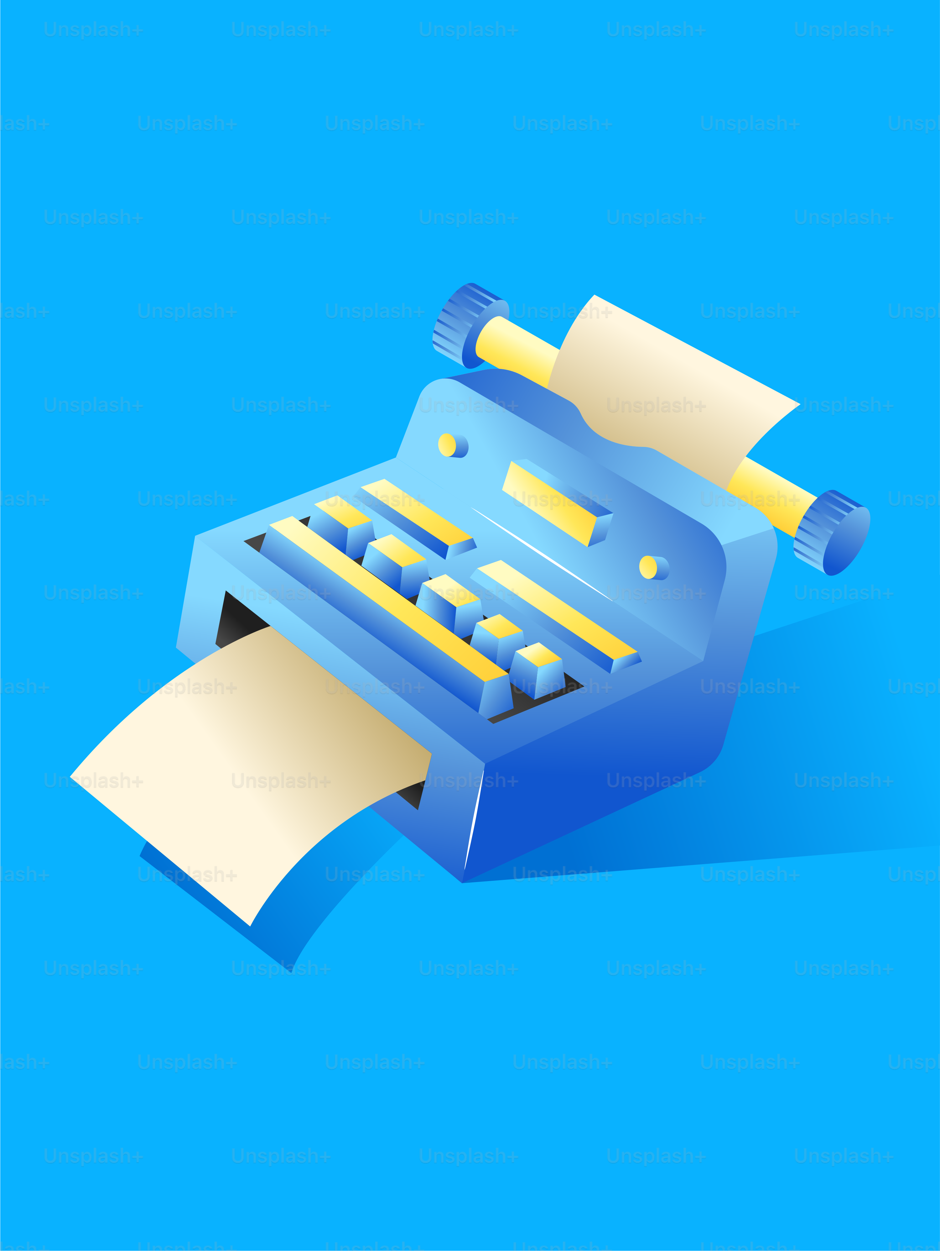 A blue retro calculator with paper on a blue background vector ...