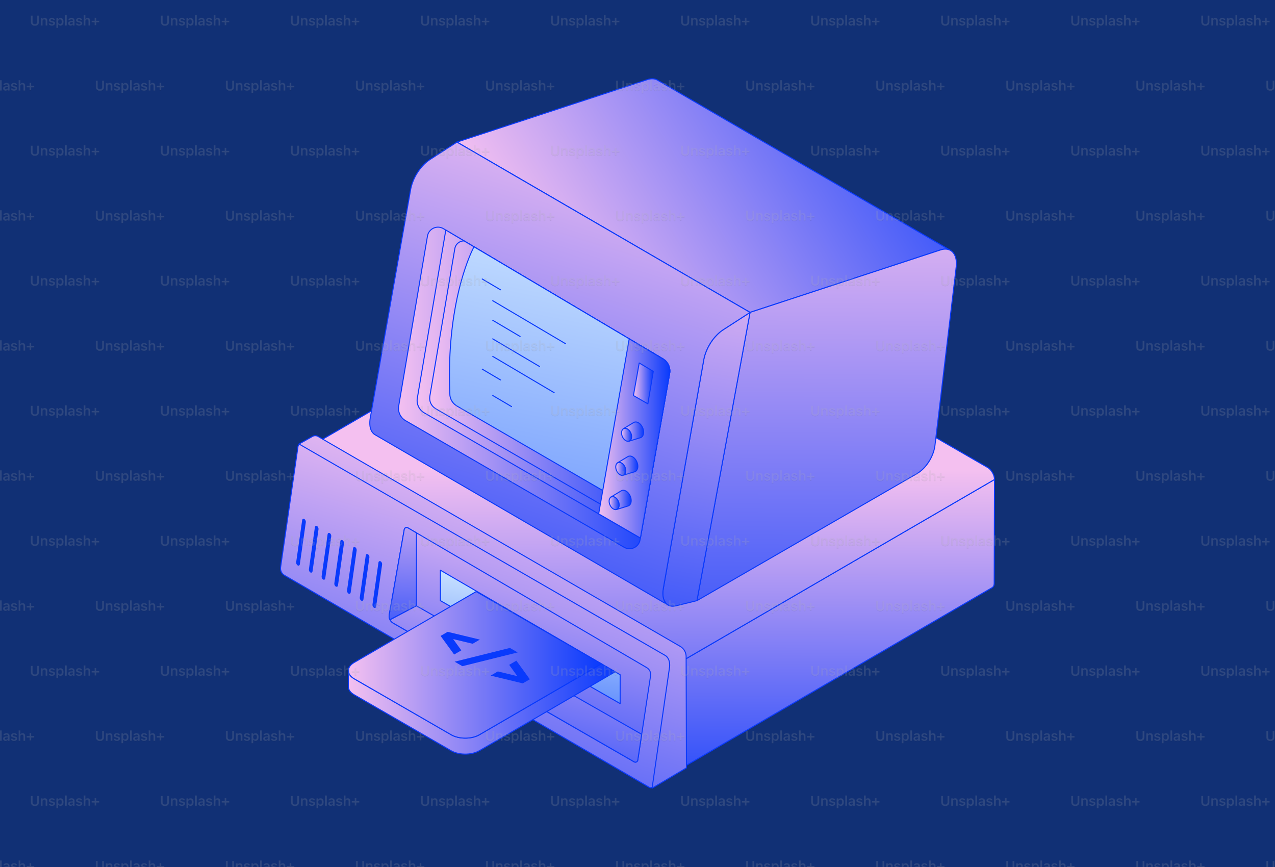 Ordenador vintage con disquetero y símbolo de código. vector – Imagen ...