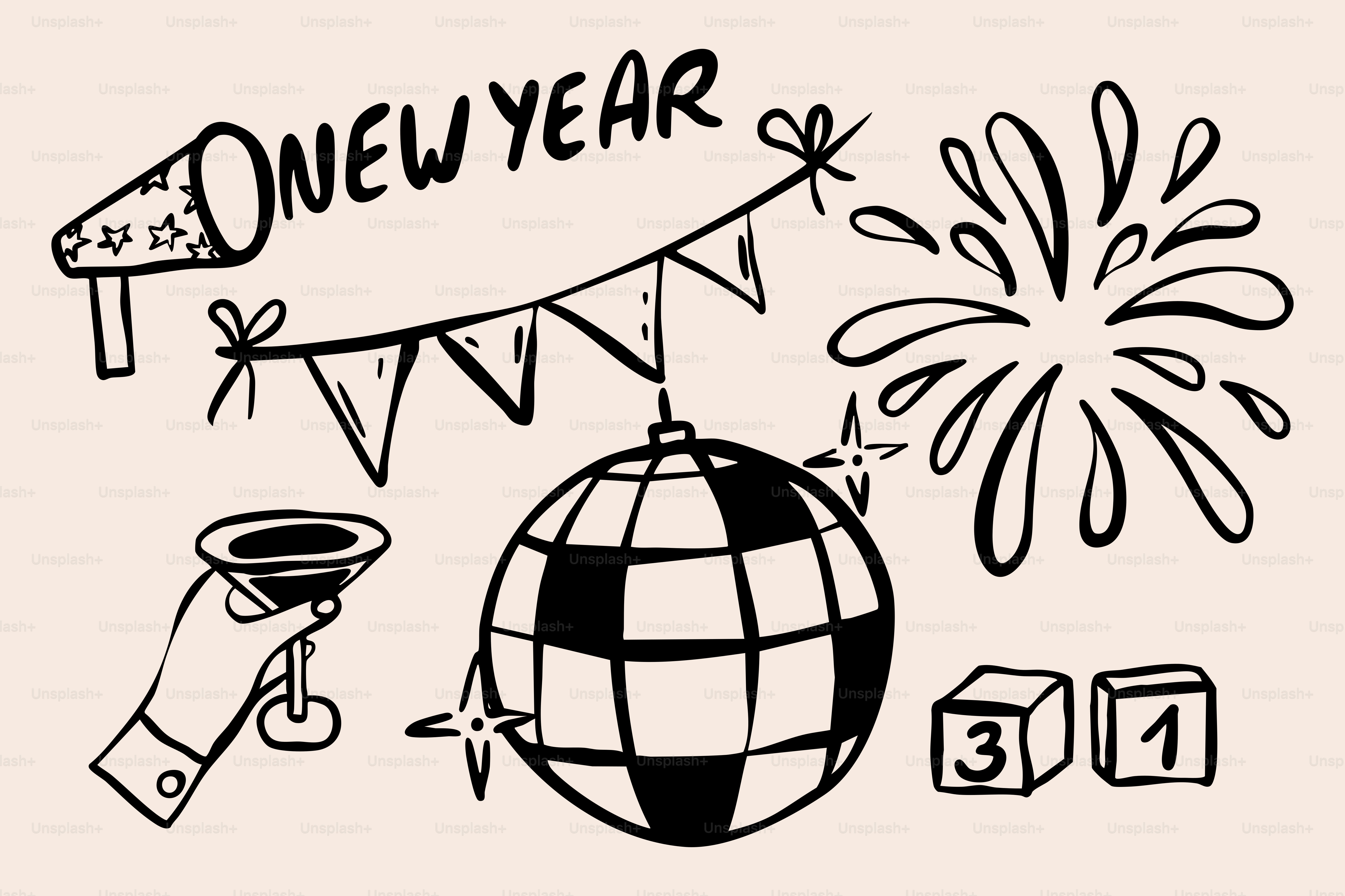 New year's eve party elements with disco ball and fireworks. vector ...