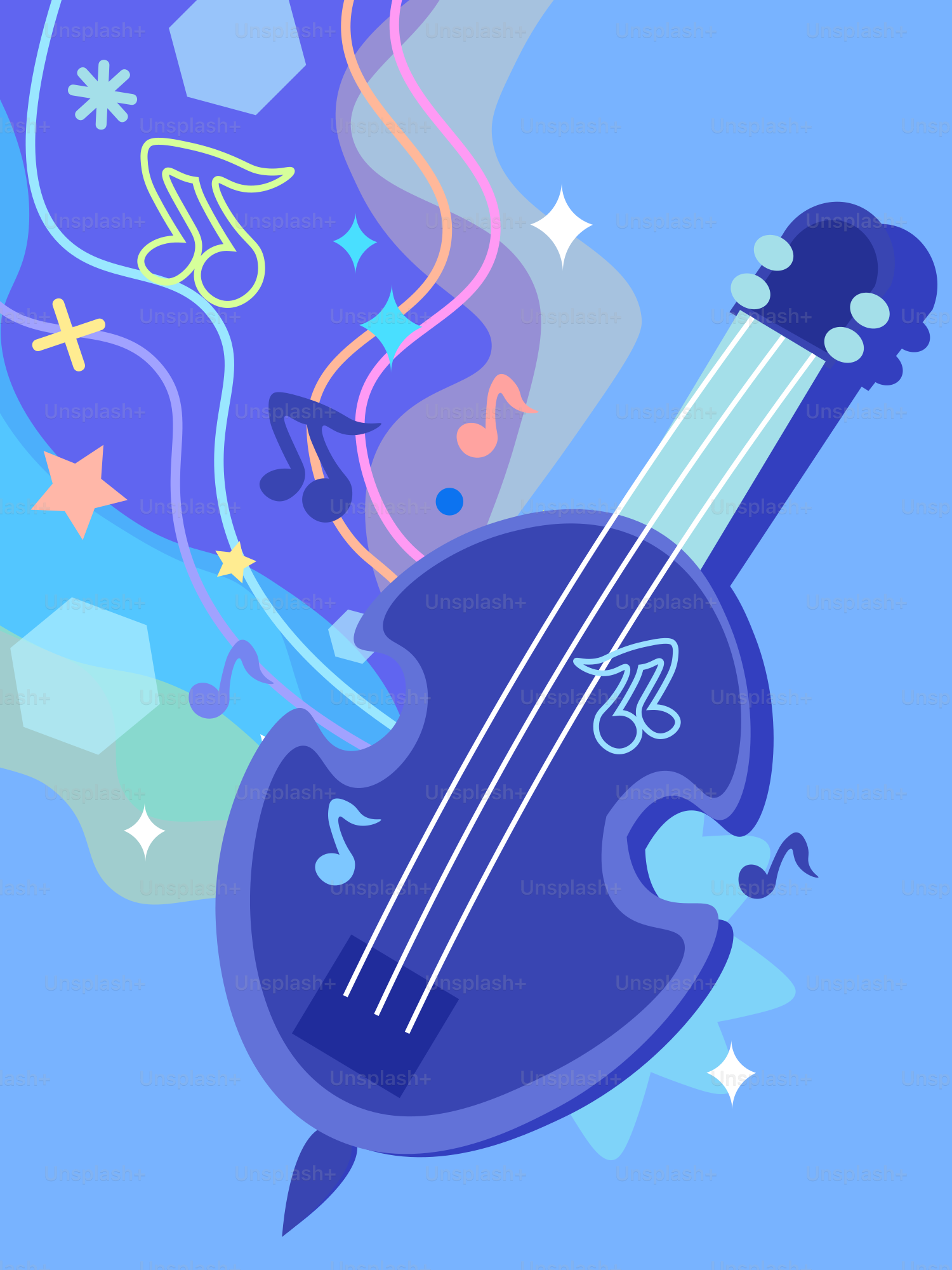A stylized blue cello with musical notes and stars vector – Abstract ...