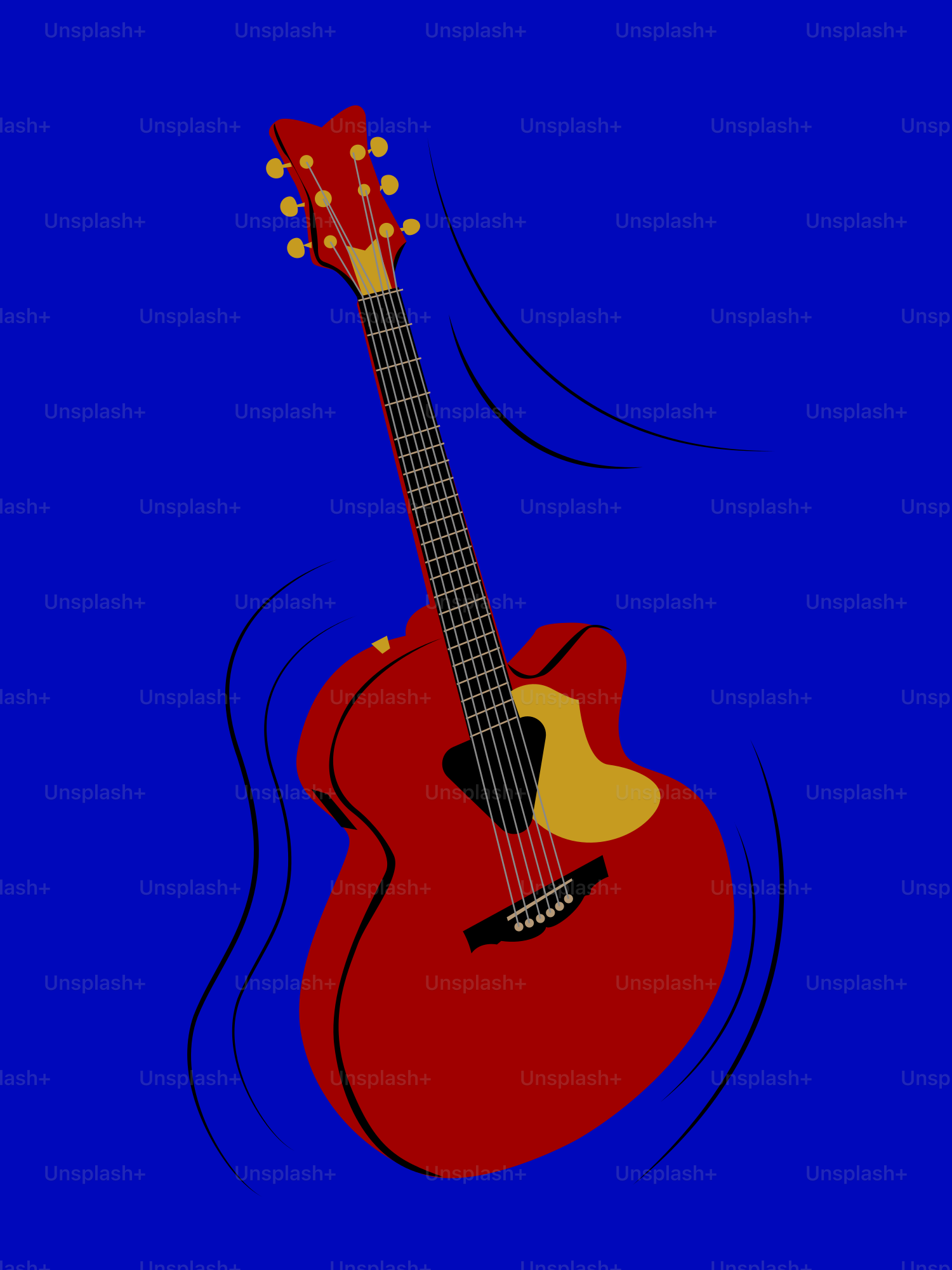 Vektor Gitar akustik merah dengan latar belakang biru. – Gambar Hitam ...