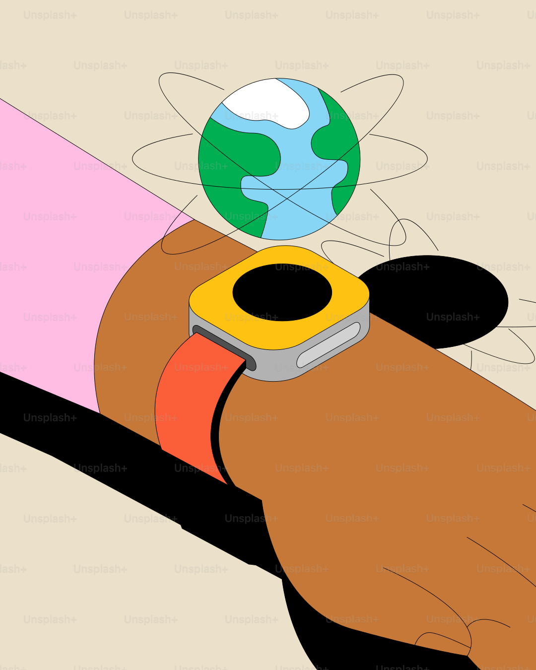 Vektor Jam tangan dengan bola dunia dan orbit atom di atas – Gambar ...