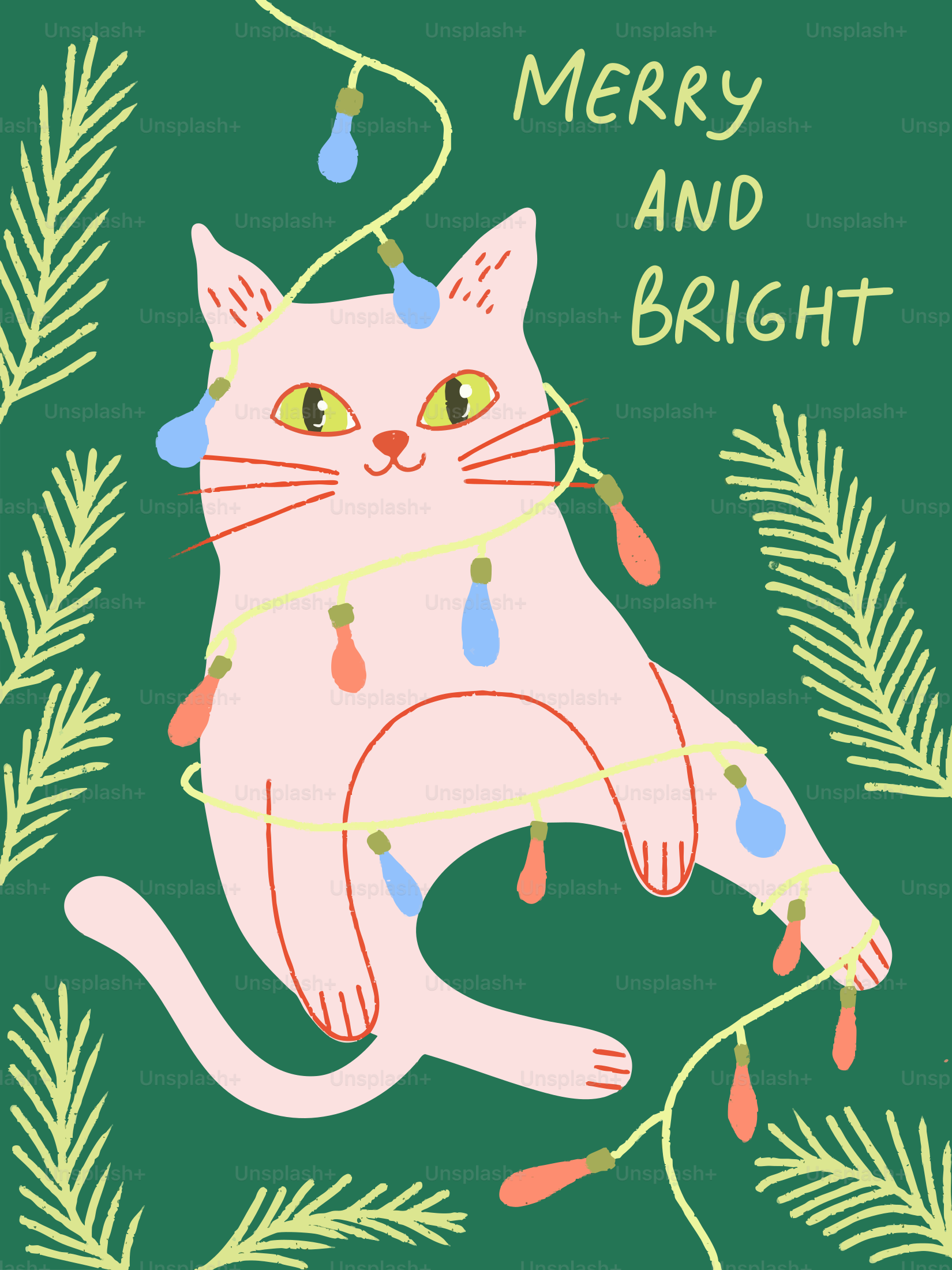 Pink cat tangled in christmas lights with pine branches. vector ...