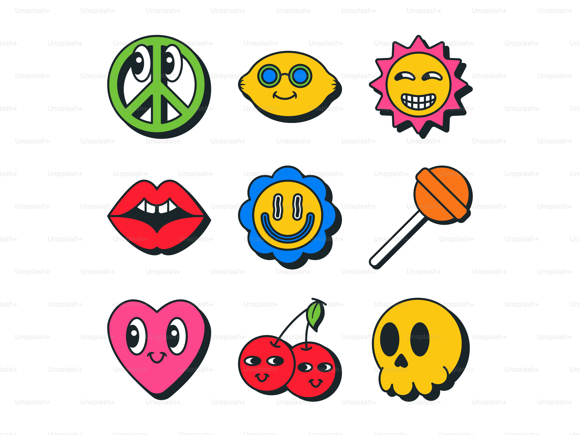 Collection of colorful retro cartoon icons and symbols. vector ...