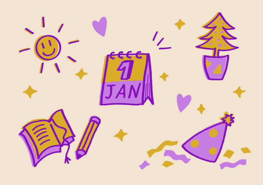 New year's day doodles with sun, calendar, and party hat. vector – Face ...