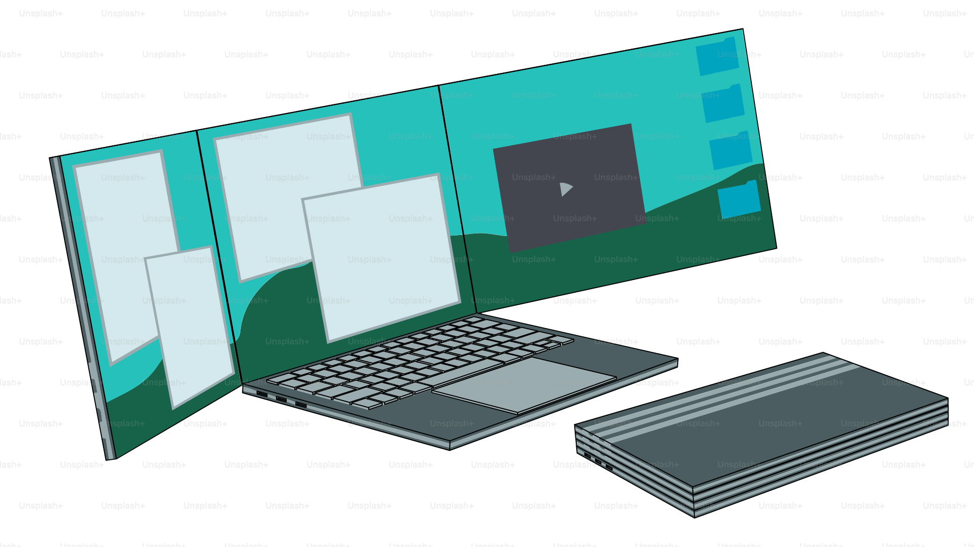 Laptop with multiple screens and external drive vector – Technology ...