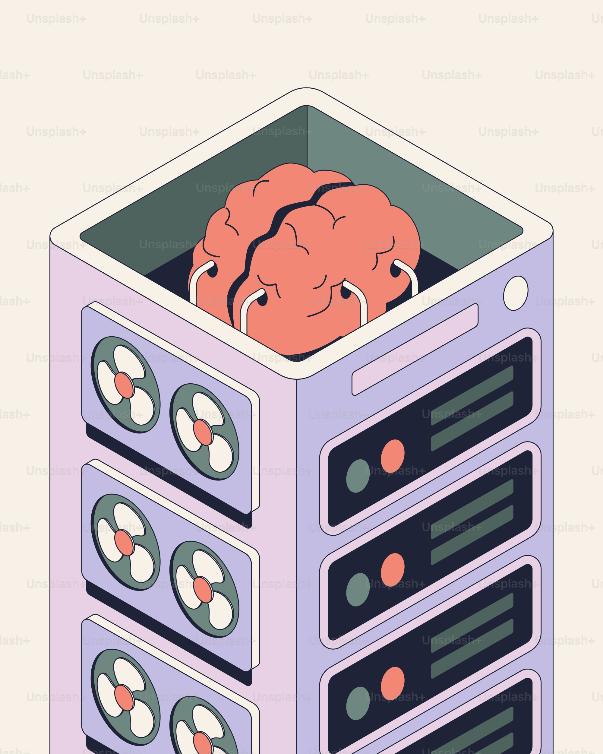 Vektor Otak dalam mesin futuristik dengan server – Gambar Teknologi di ...