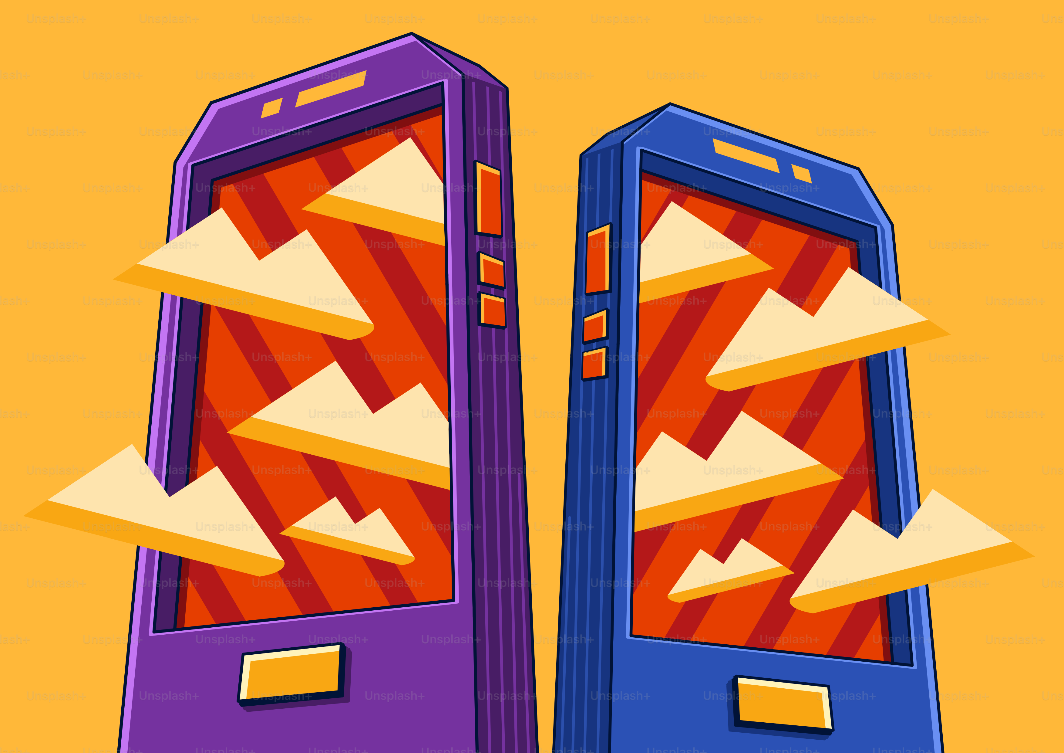Two stylized phones displaying mountain range graphics vector ...