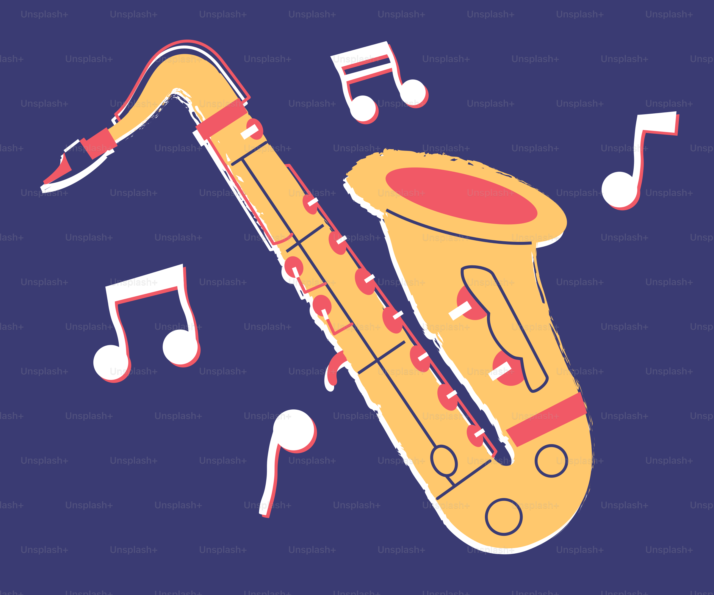 Vektor Saksofon dengan nada musik mengambang-layang. – Gambar Musik di ...
