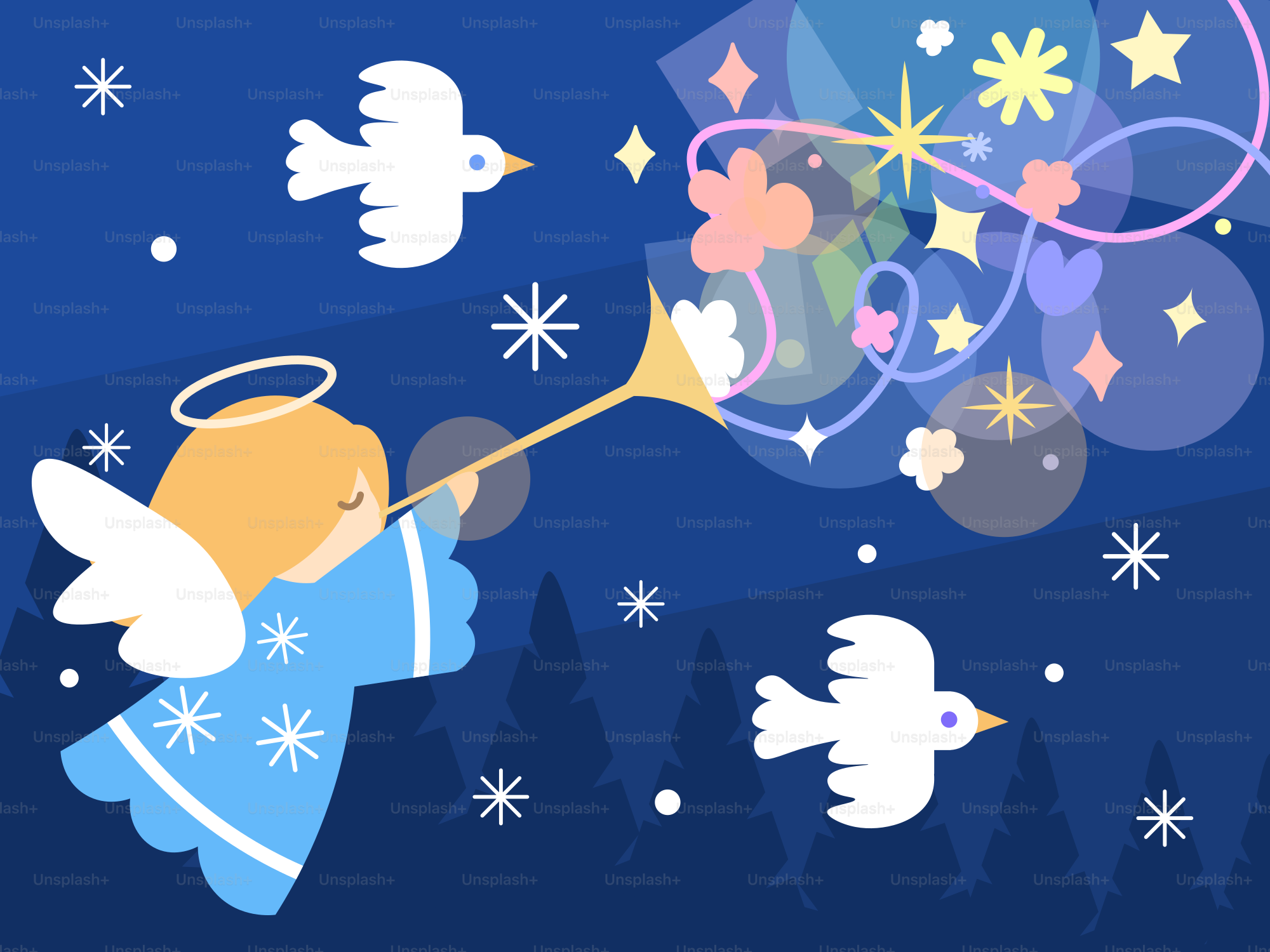 Vektor Malaikat meniup terompet dengan burung dan bintang – Gambar ...