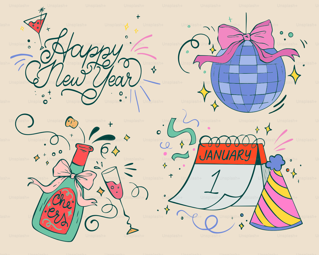 New year celebration with champagne, candles, and resolutions. vector ...