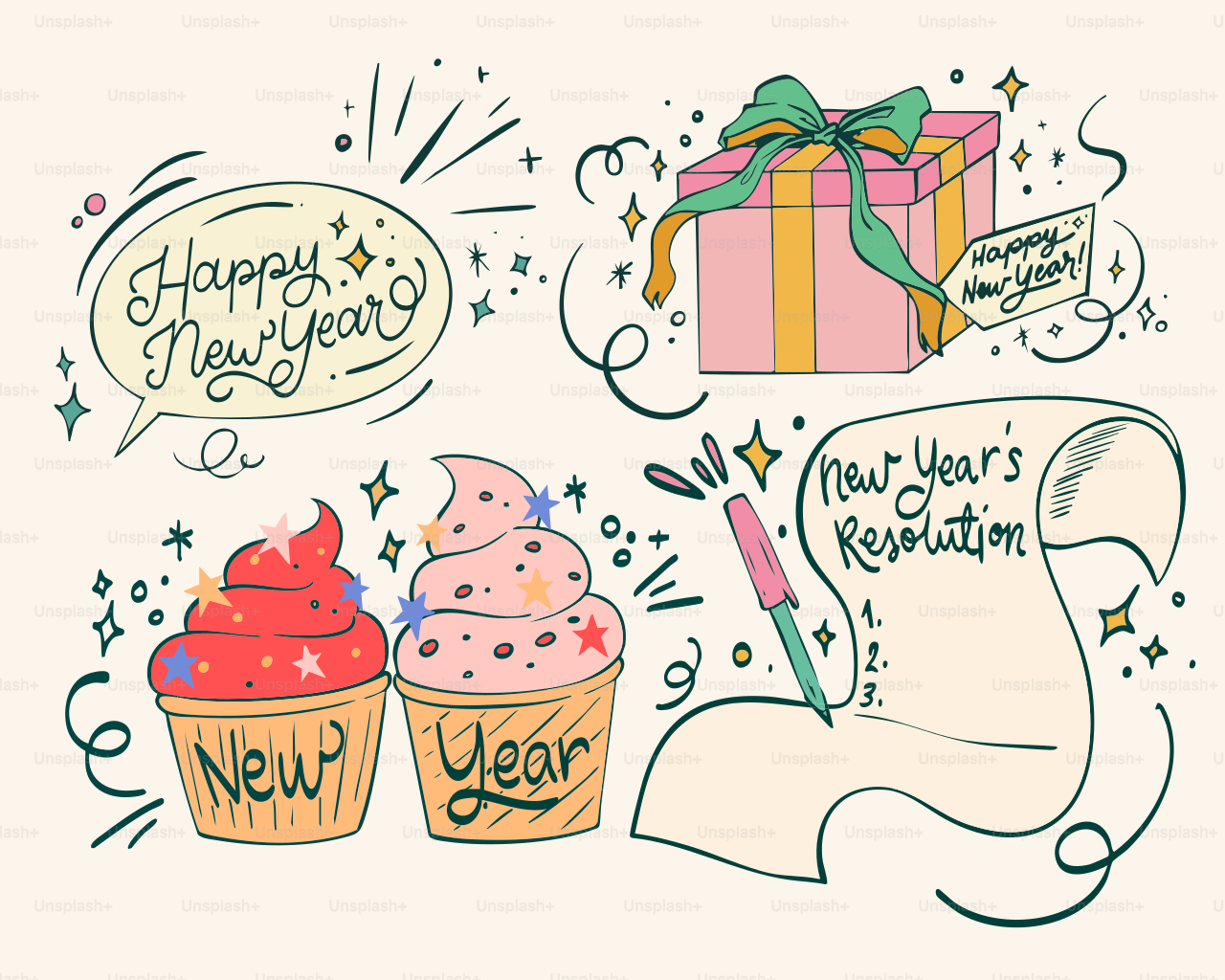New year celebration with champagne, candles, and resolutions. vector ...