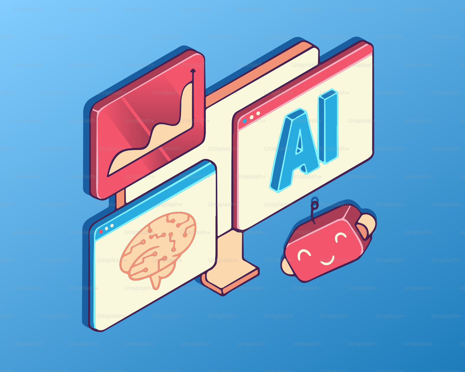 Computer monitors displaying ai, brain, and graph vector – Technology ...