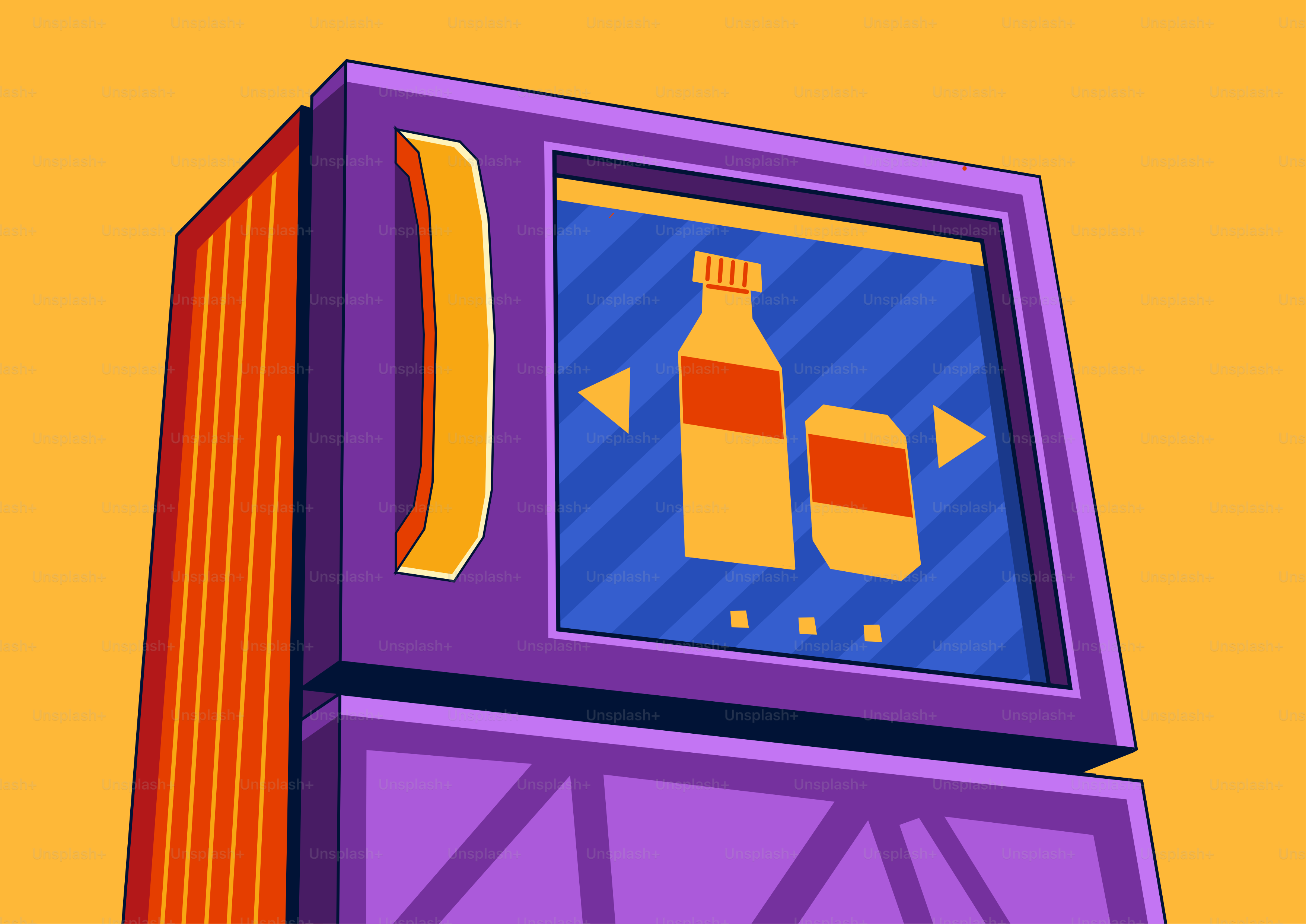 A purple vending machine with drinks displayed on screen. vector ...