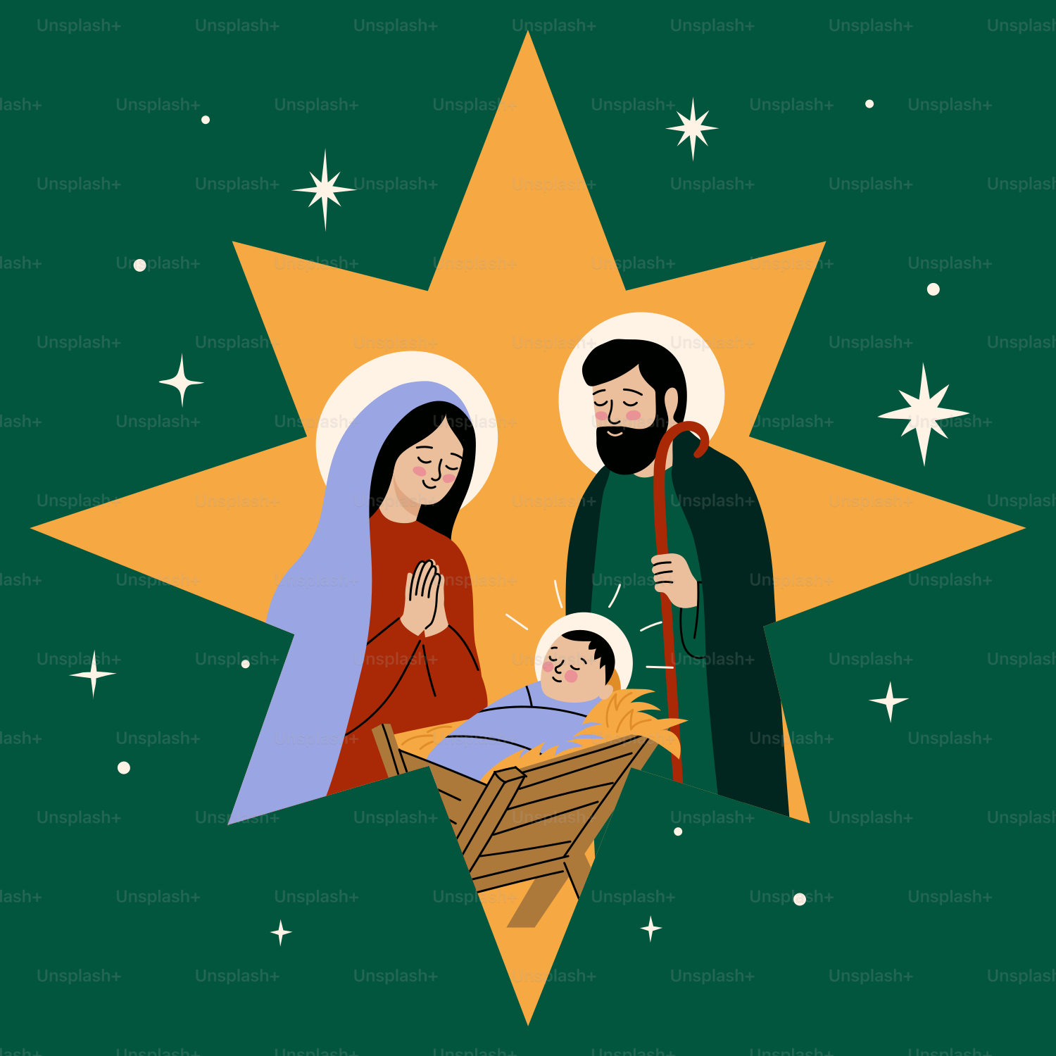 Nacimiento con el niño Jesús, animales y una estrella. vector – Imagen ...