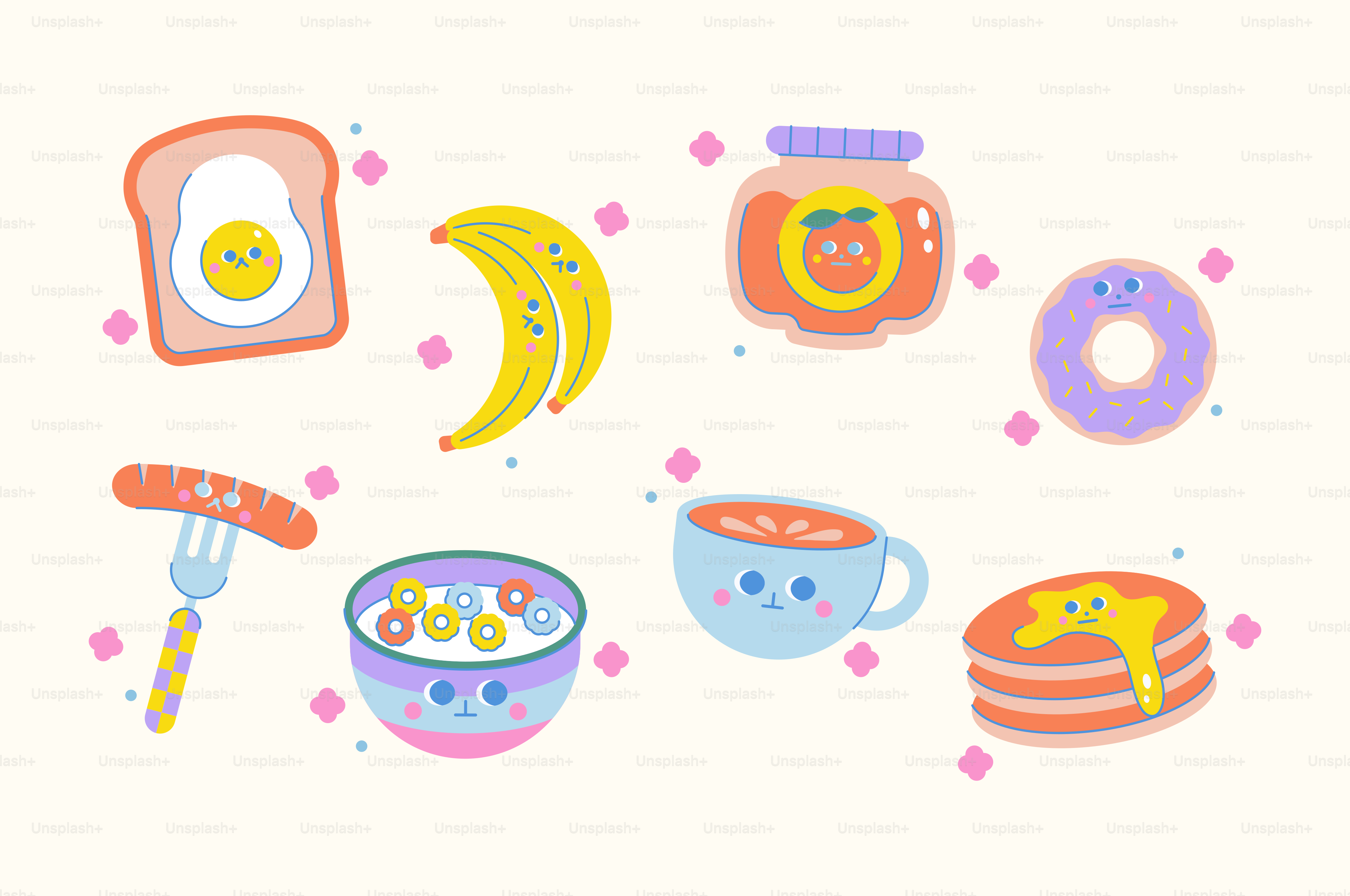 Cute breakfast food items with smiling faces. vector – Food Image on ...