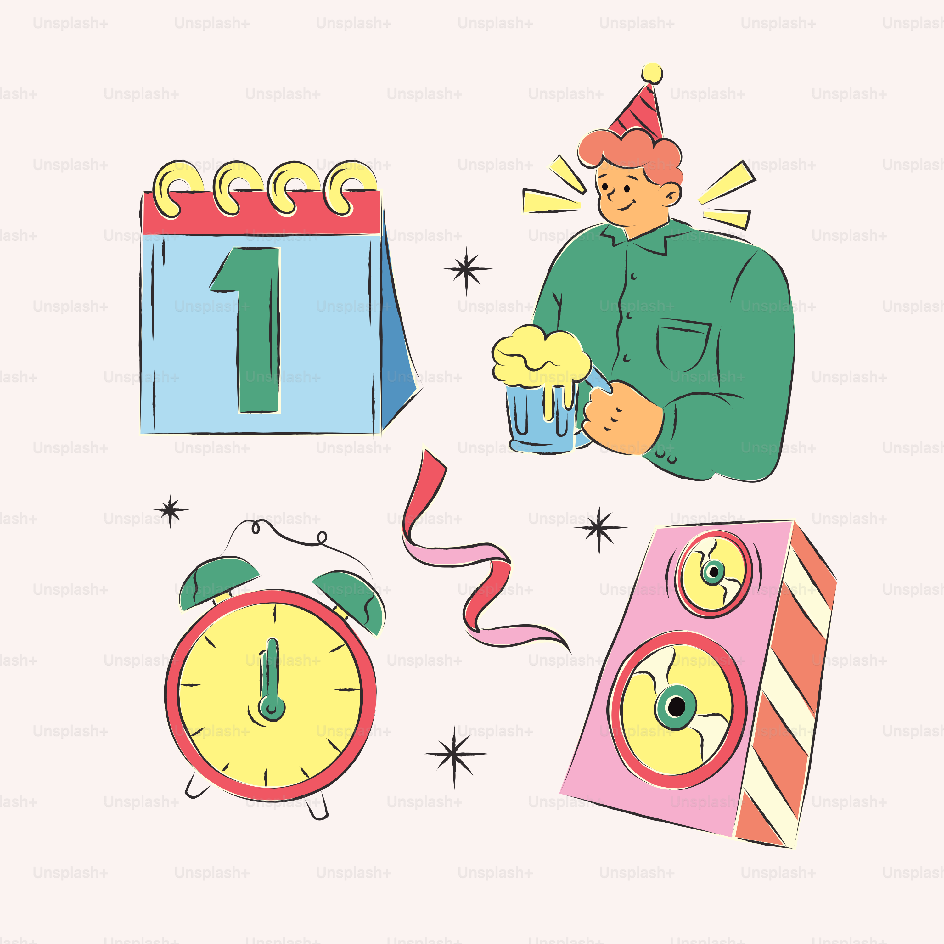 Vektor Elemen perayaan: wanita, hadiah, sampanye, koktail, kembang api ...