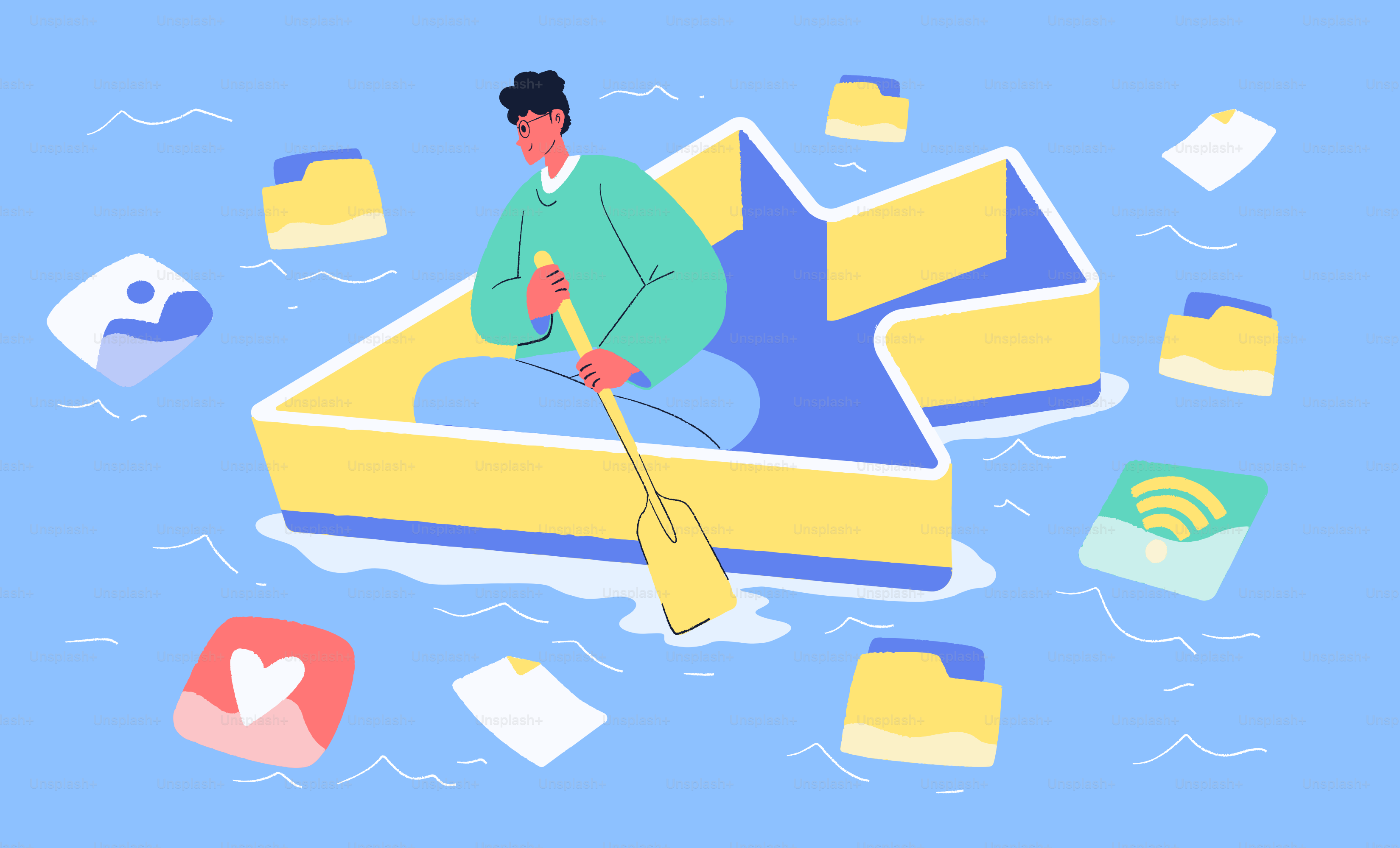 Man rows arrow-shaped boat through flooded digital icons vector ...