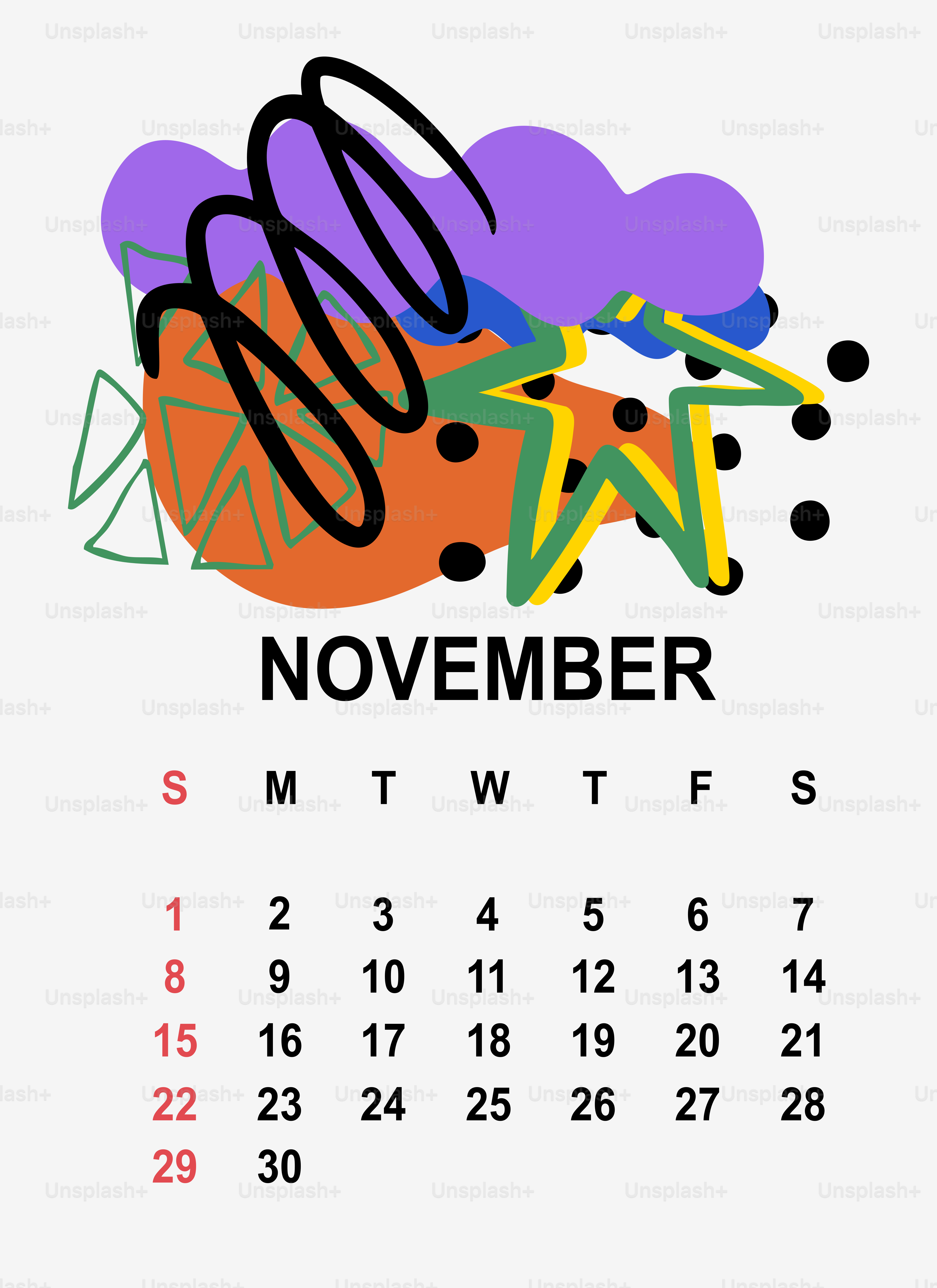 November calendar with abstract colorful shapes vector – Illustration ...