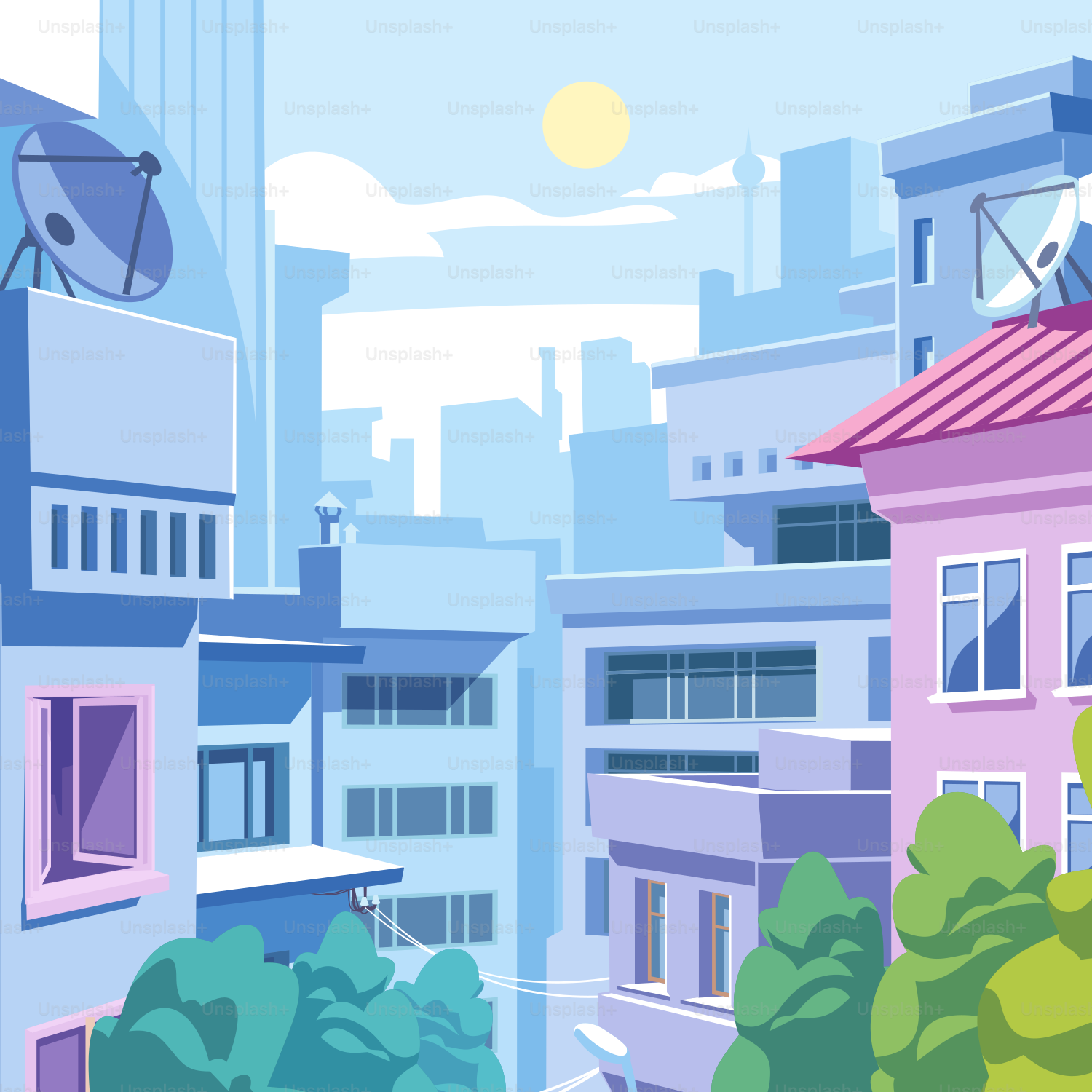 Stylized cityscape with buildings and trees under sun. vector ...