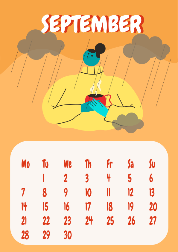 Vektor Kalender September dengan cuaca hujan dan minuman panas ...