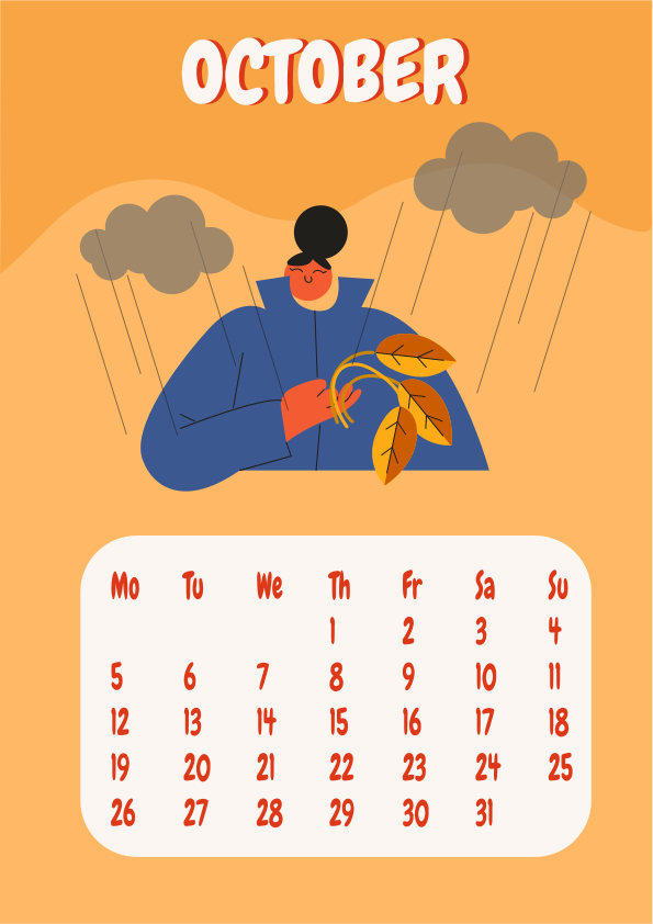 October calendar with person holding autumn leaves vector – Autumn ...