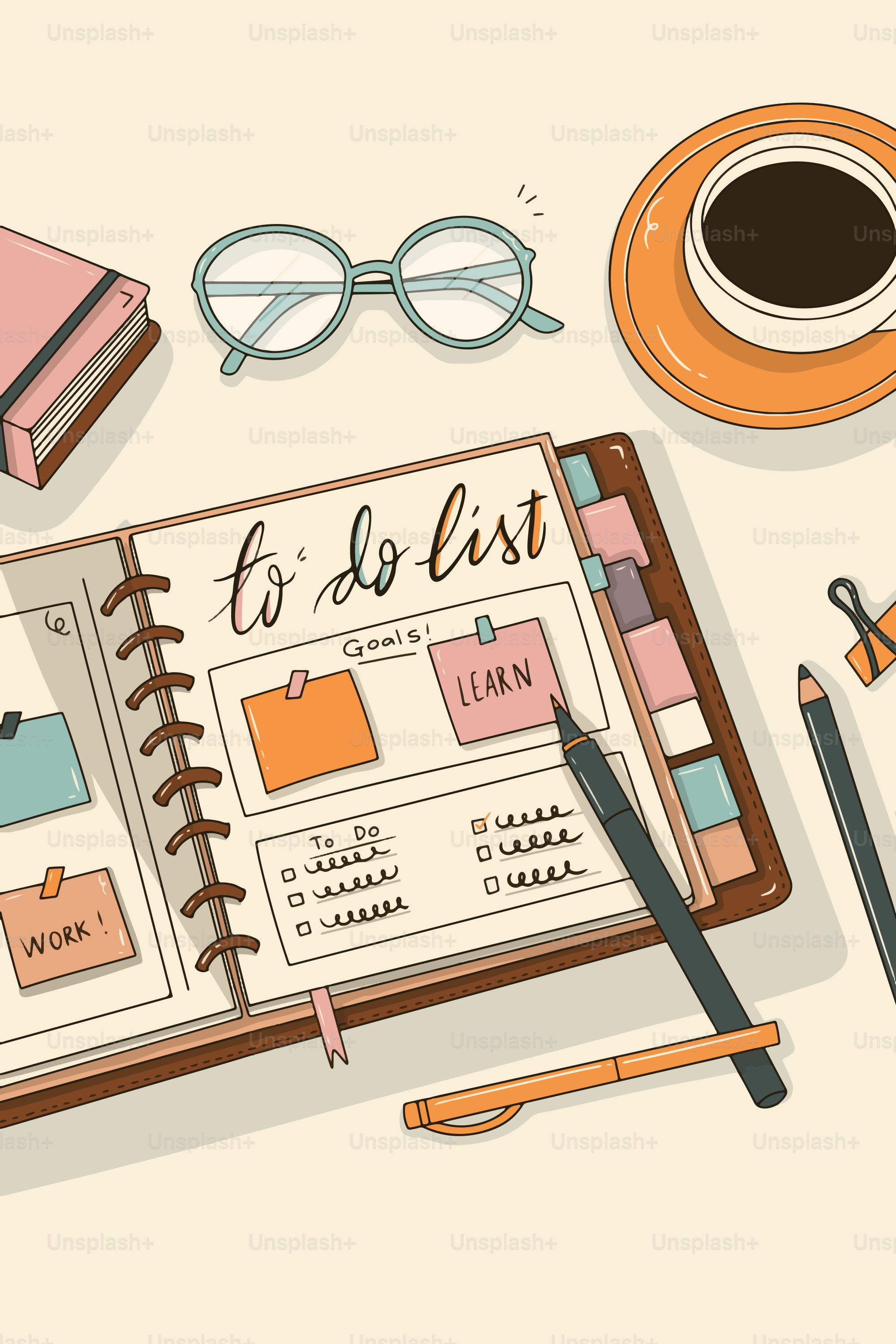 Open to-do list with sticky notes and coffee. vector – Illustration ...