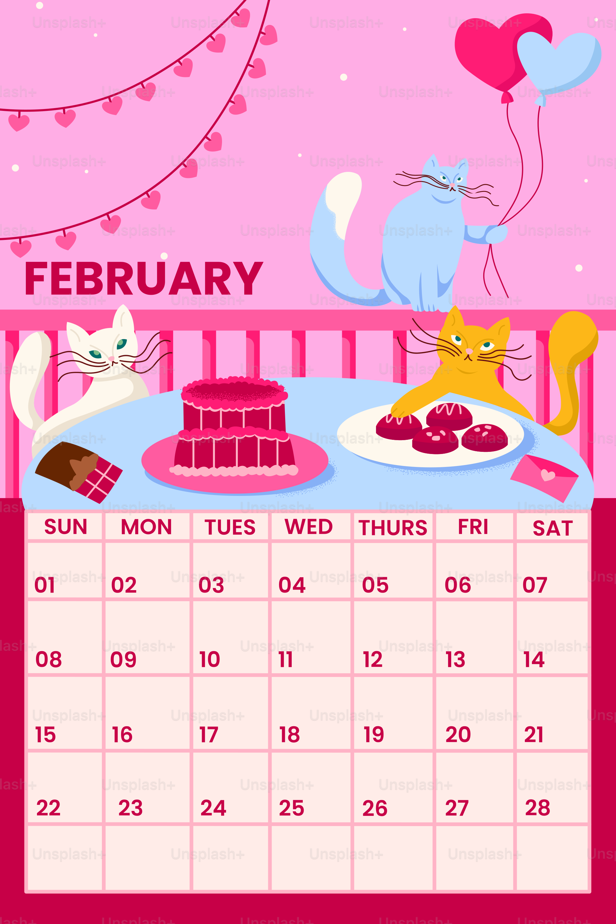 February calendar with cats, cake, and balloons vector – Cat Image on ...