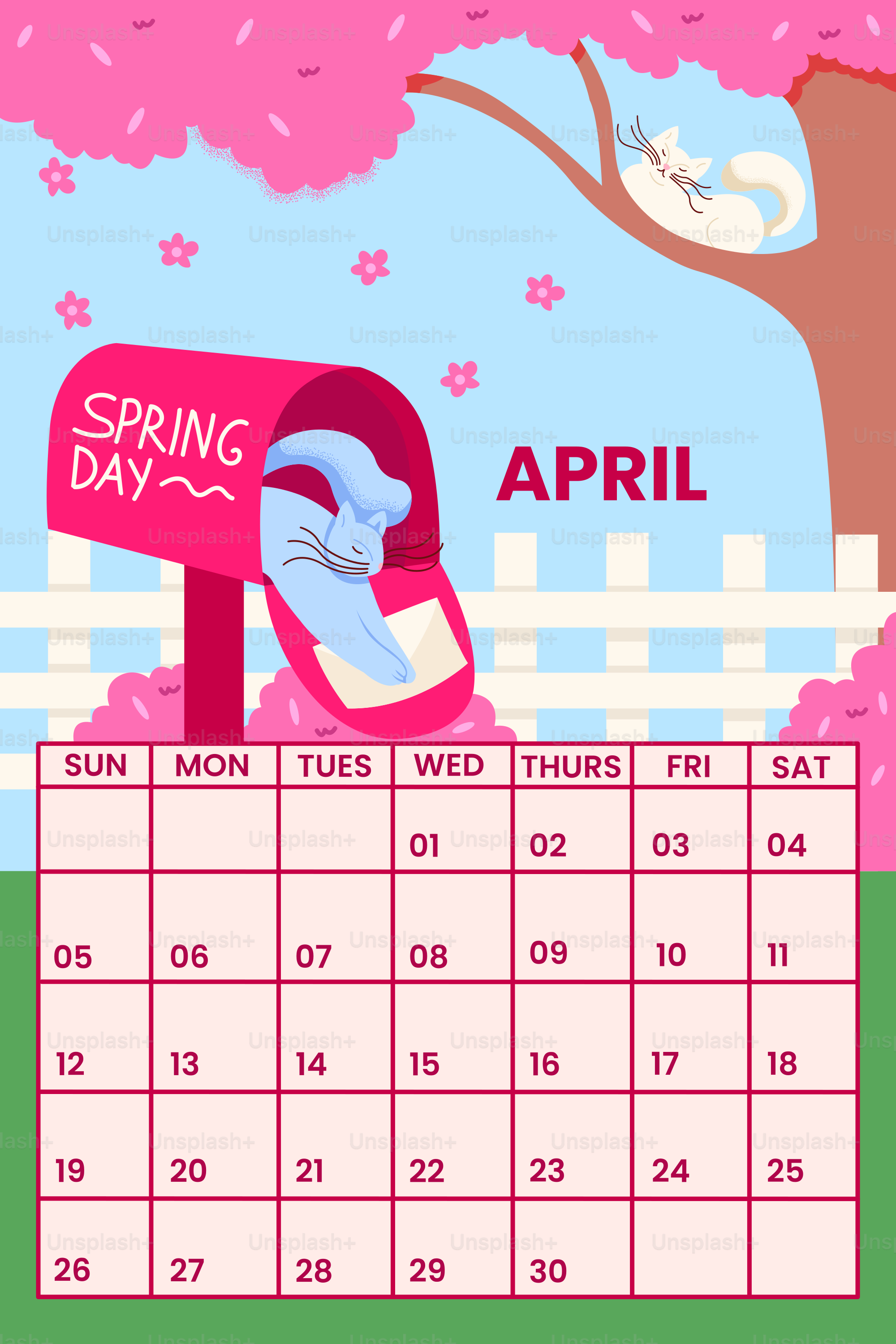 Vektor Kalender April dengan kucing di kotak surat. – Gambar Ilustrasi ...
