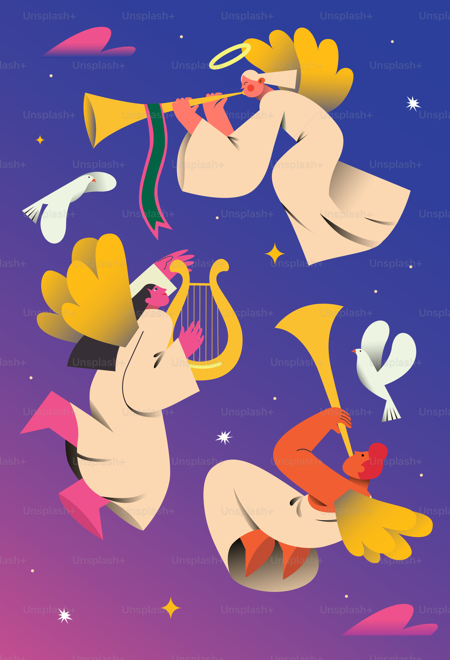 Three angels playing instruments in the night sky vector – Christmas ...