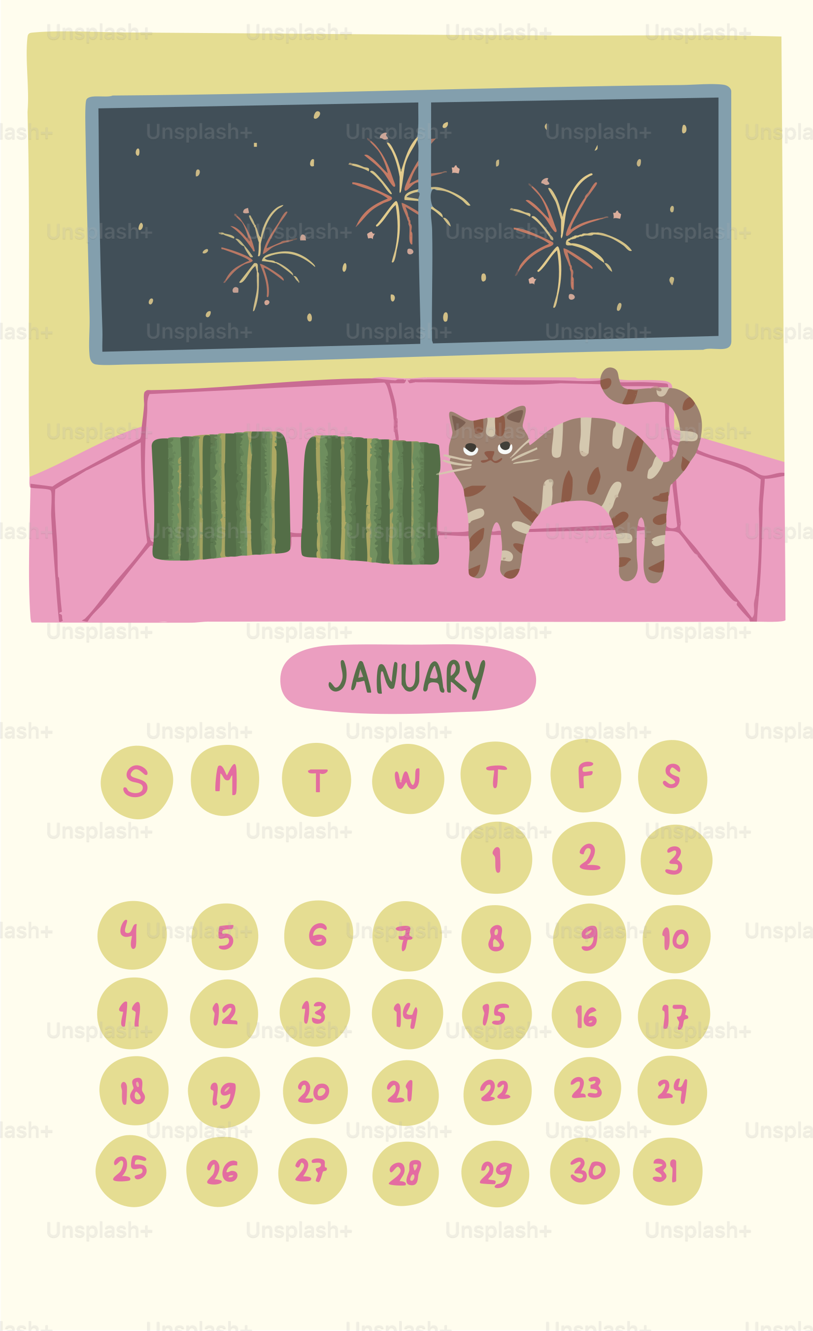 Cat on sofa watching fireworks through window vector – Cat Image on ...