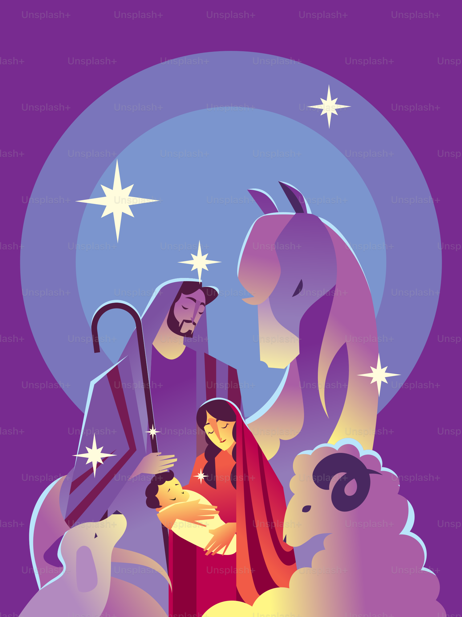 Presépio com Maria, José e animais sob luz. vetor – Imagem sobre Natal ...