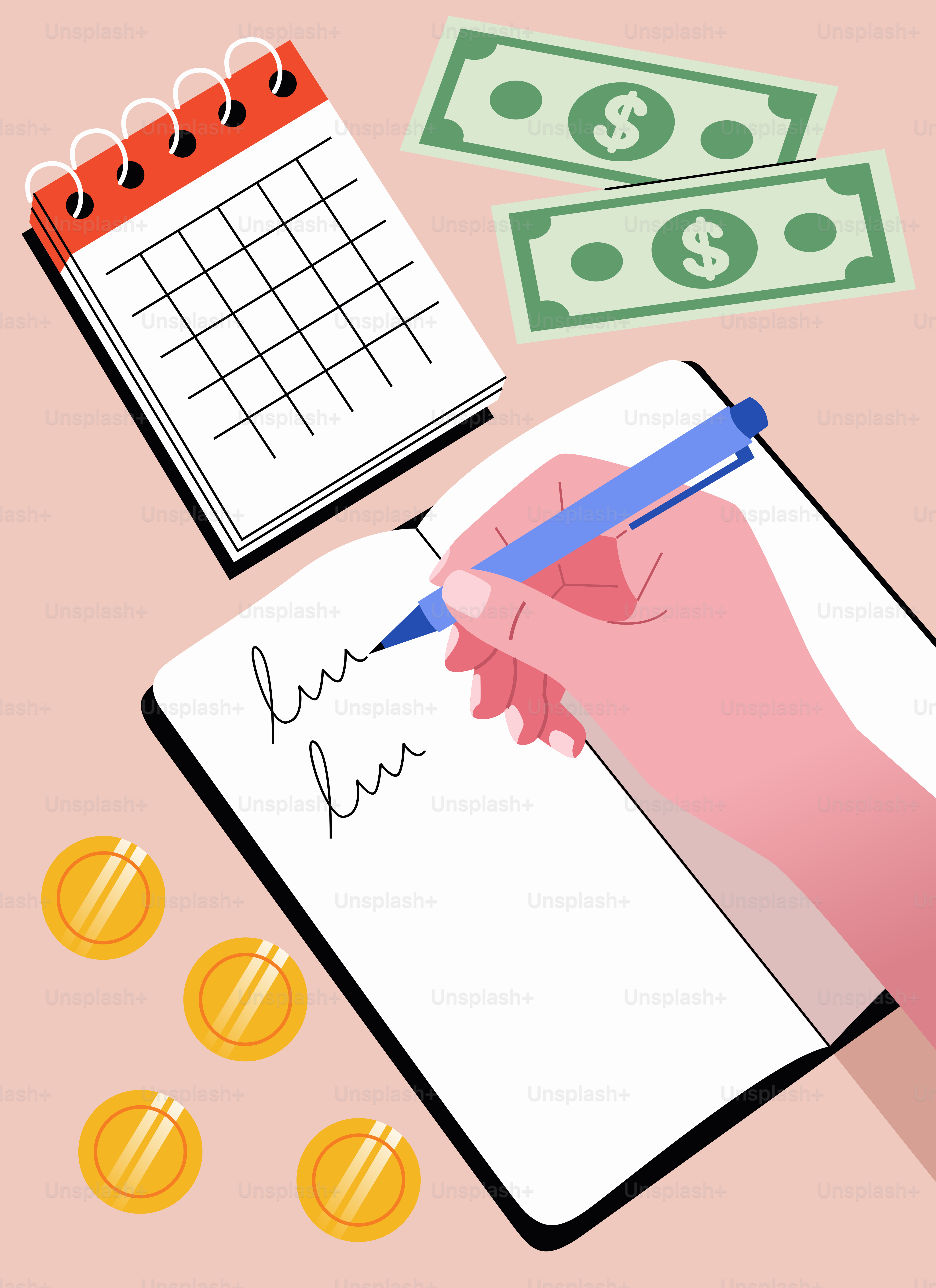 Vektor Tulisan tangan di buku catatan dengan kalender, uang, dan koin ...