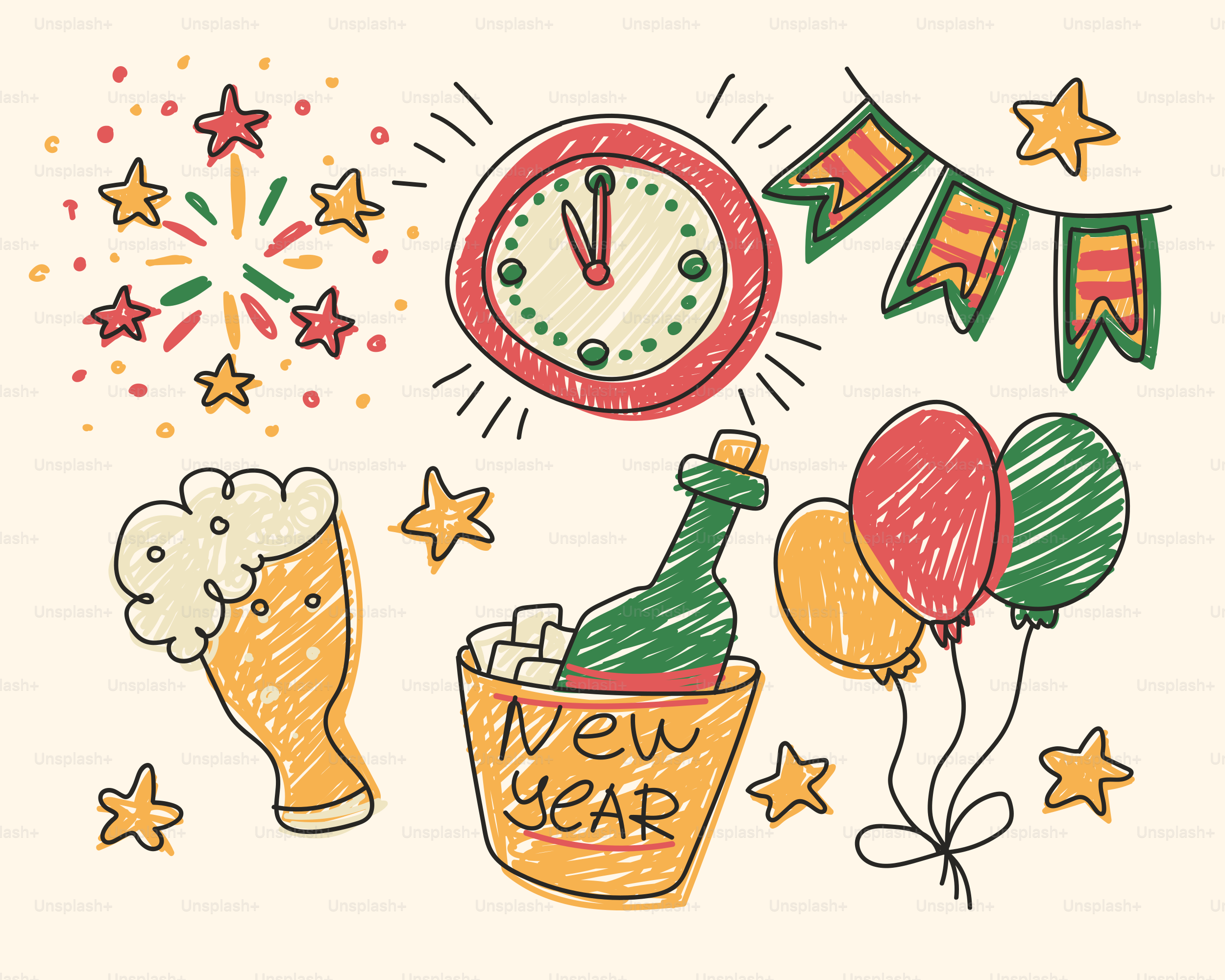 Happy new year celebration elements with confetti and party hat vector ...