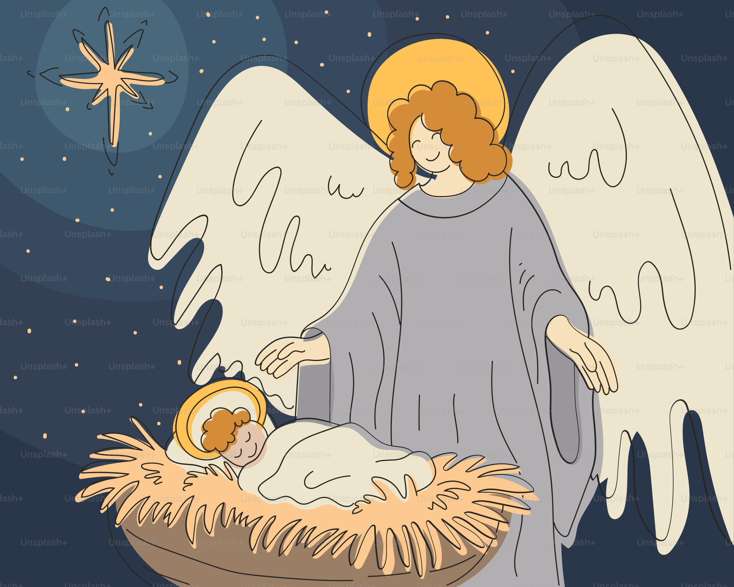 Angel watches over baby jesus in manger vector – Christmas Image on ...