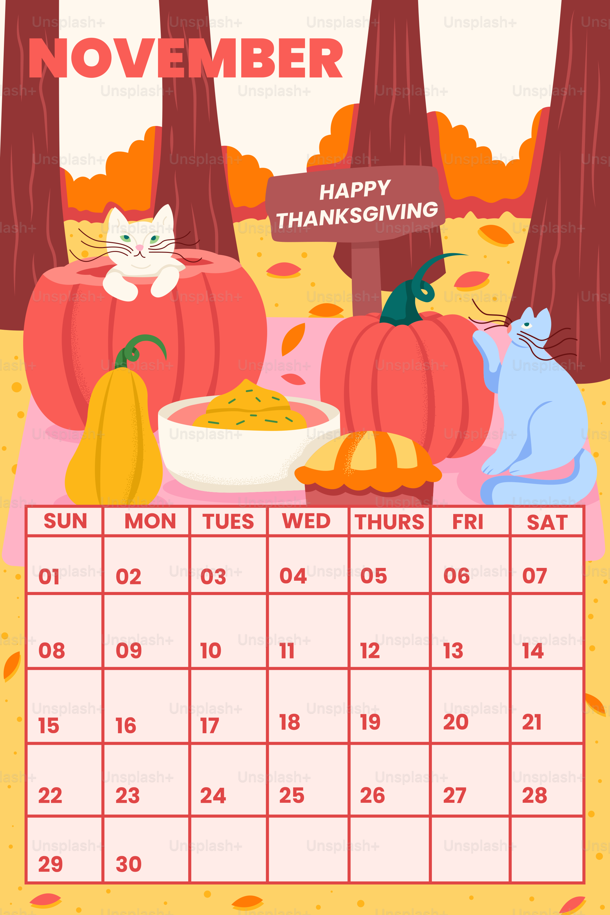 November calendar with cats and thanksgiving decorations vector ...