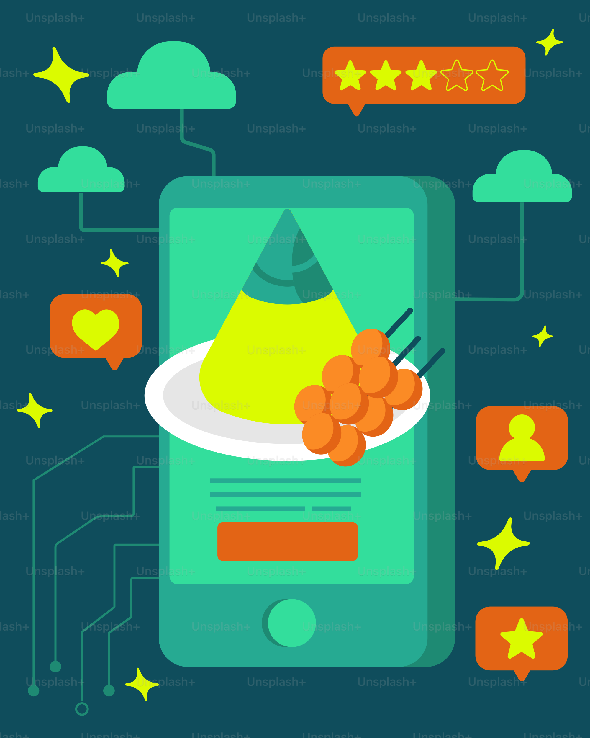 Vektor Aplikasi pengiriman makanan dengan peringkat dan ikon media ...