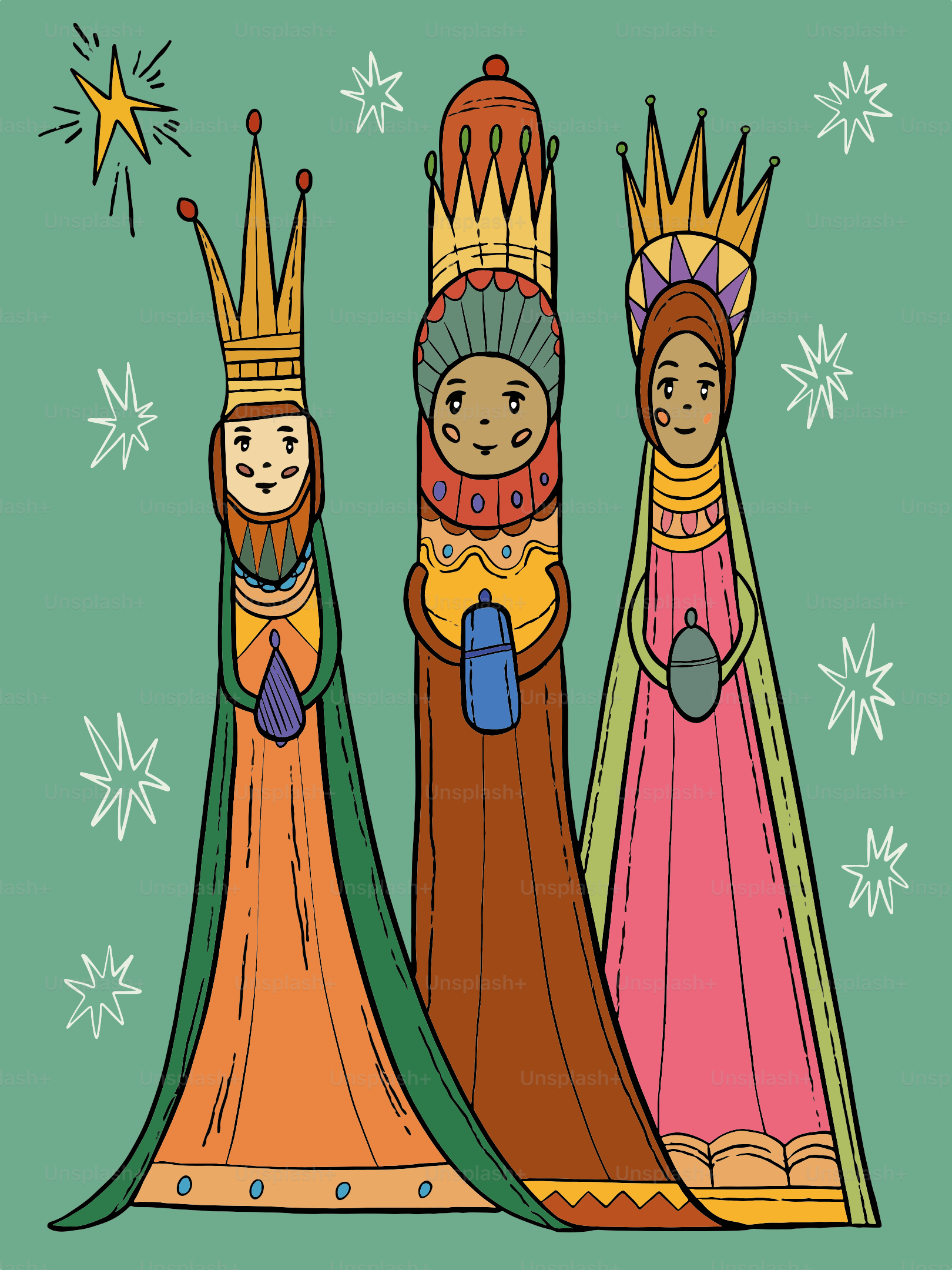Three kings wearing crowns holding gifts. vector – Christmas Image on ...