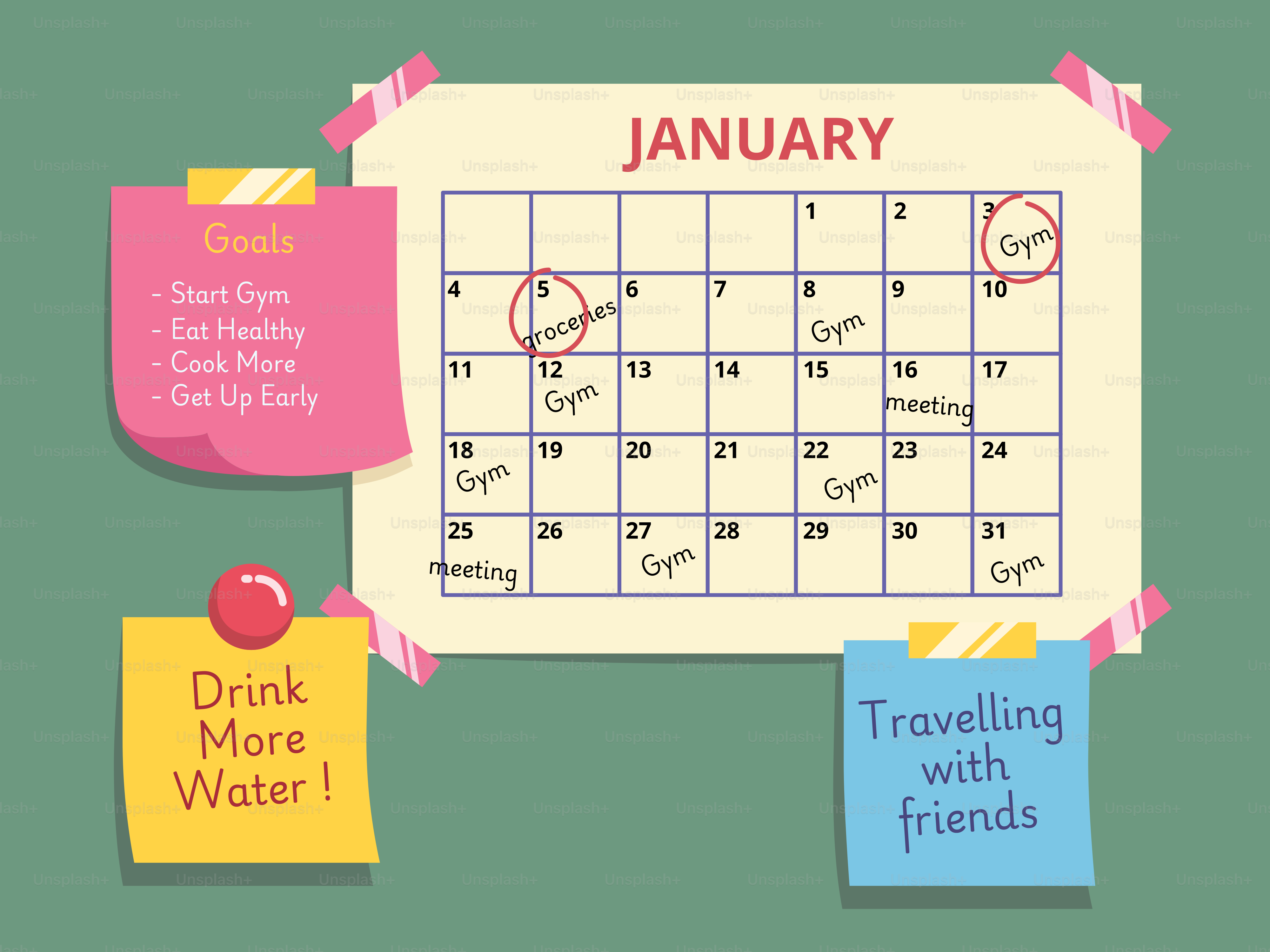 January calendar with goals and reminders vector – Illustration Image ...