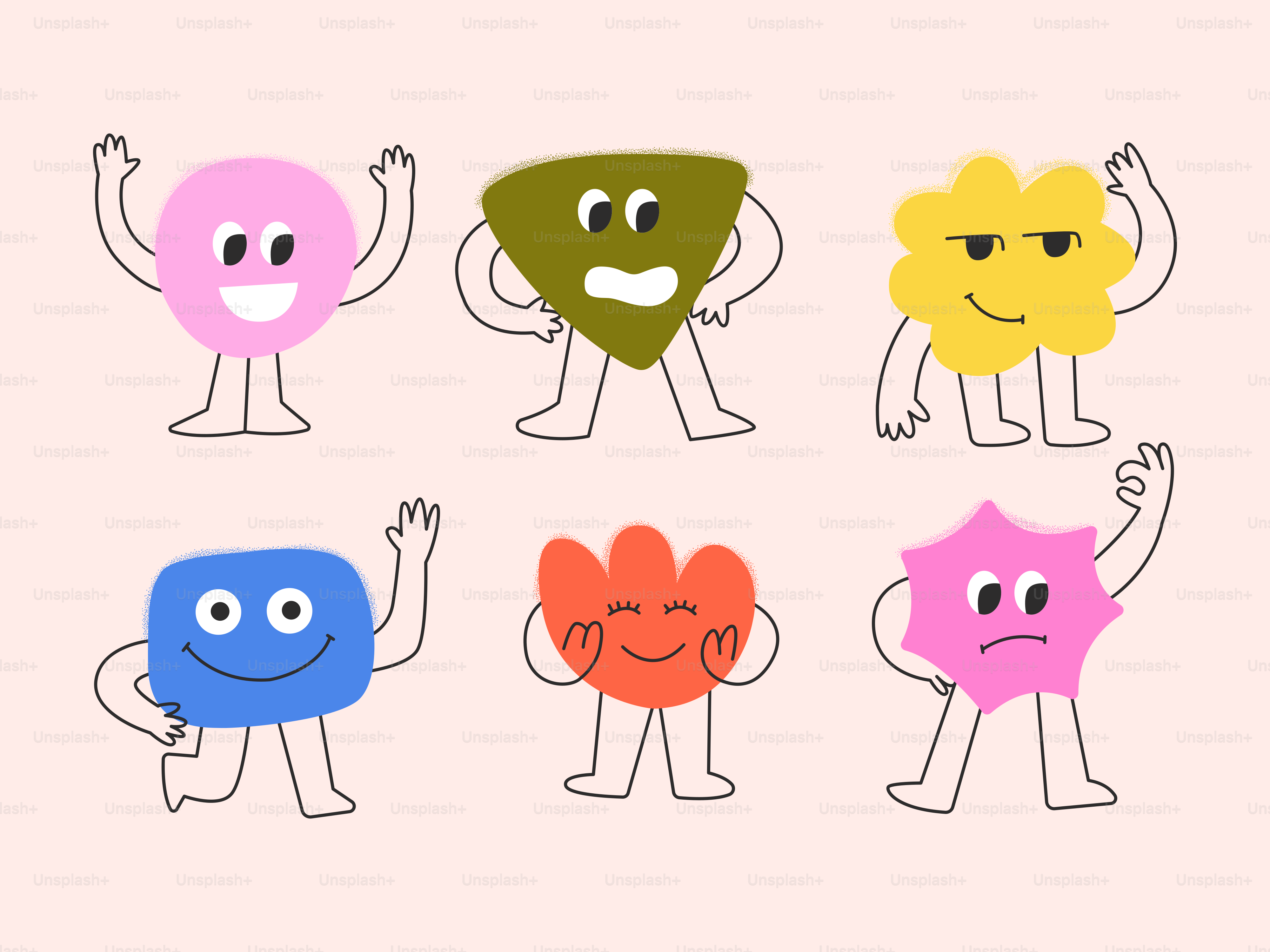 Six cartoon shapes with arms and legs on legs vector – Face Image on ...